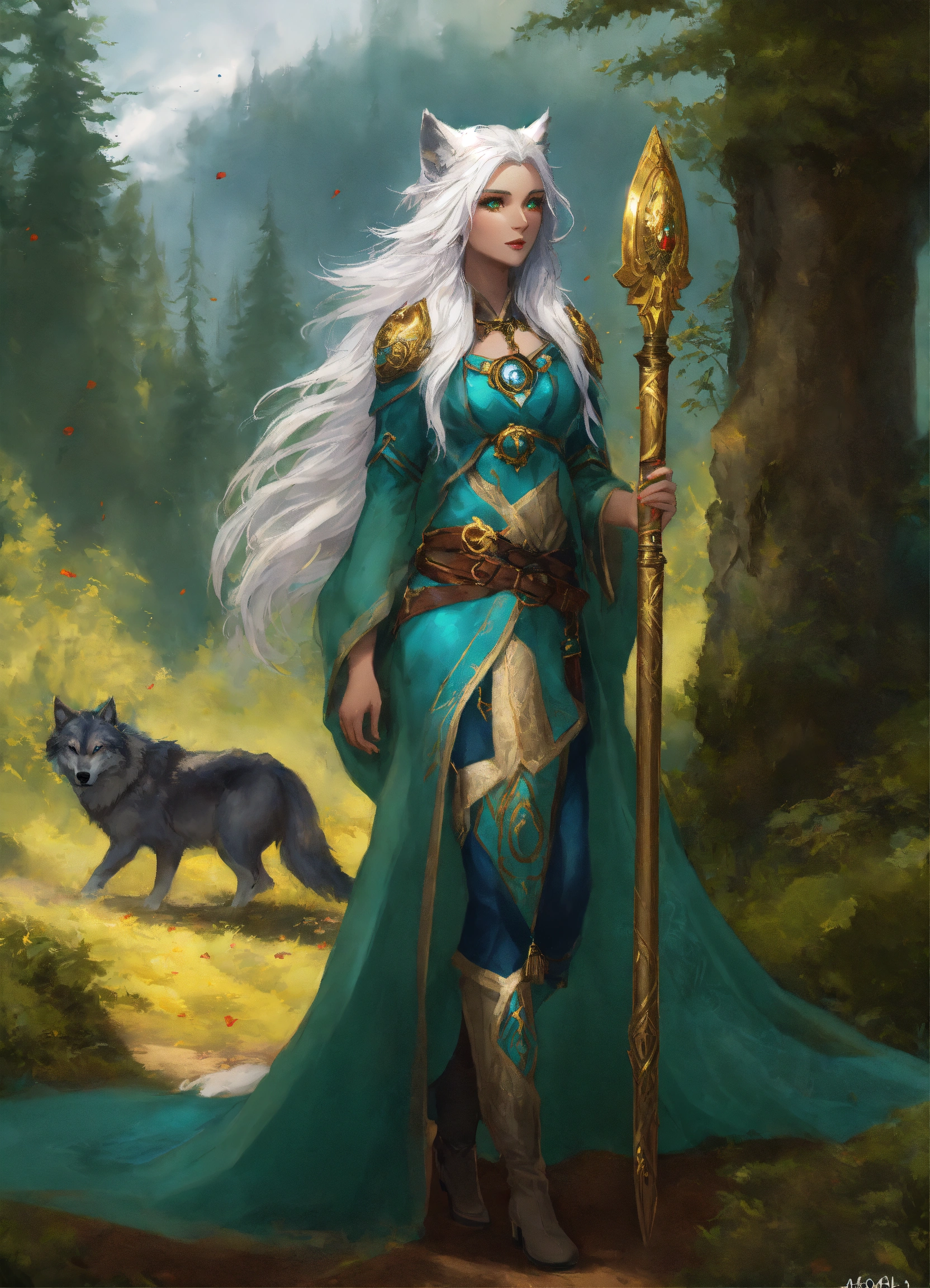 Lexica - Aasimar, female, Druid, gold eyes, white hair, blue-green skin ...