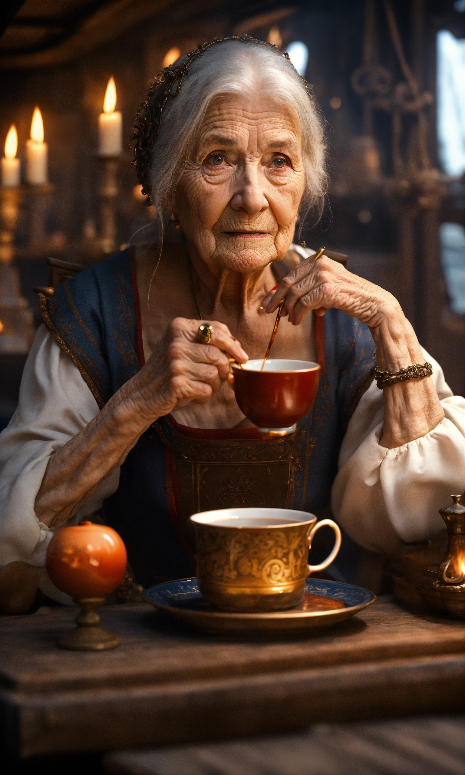 Lexica - A kindly old woman. She has fiery red eyes. She is sitting at ...
