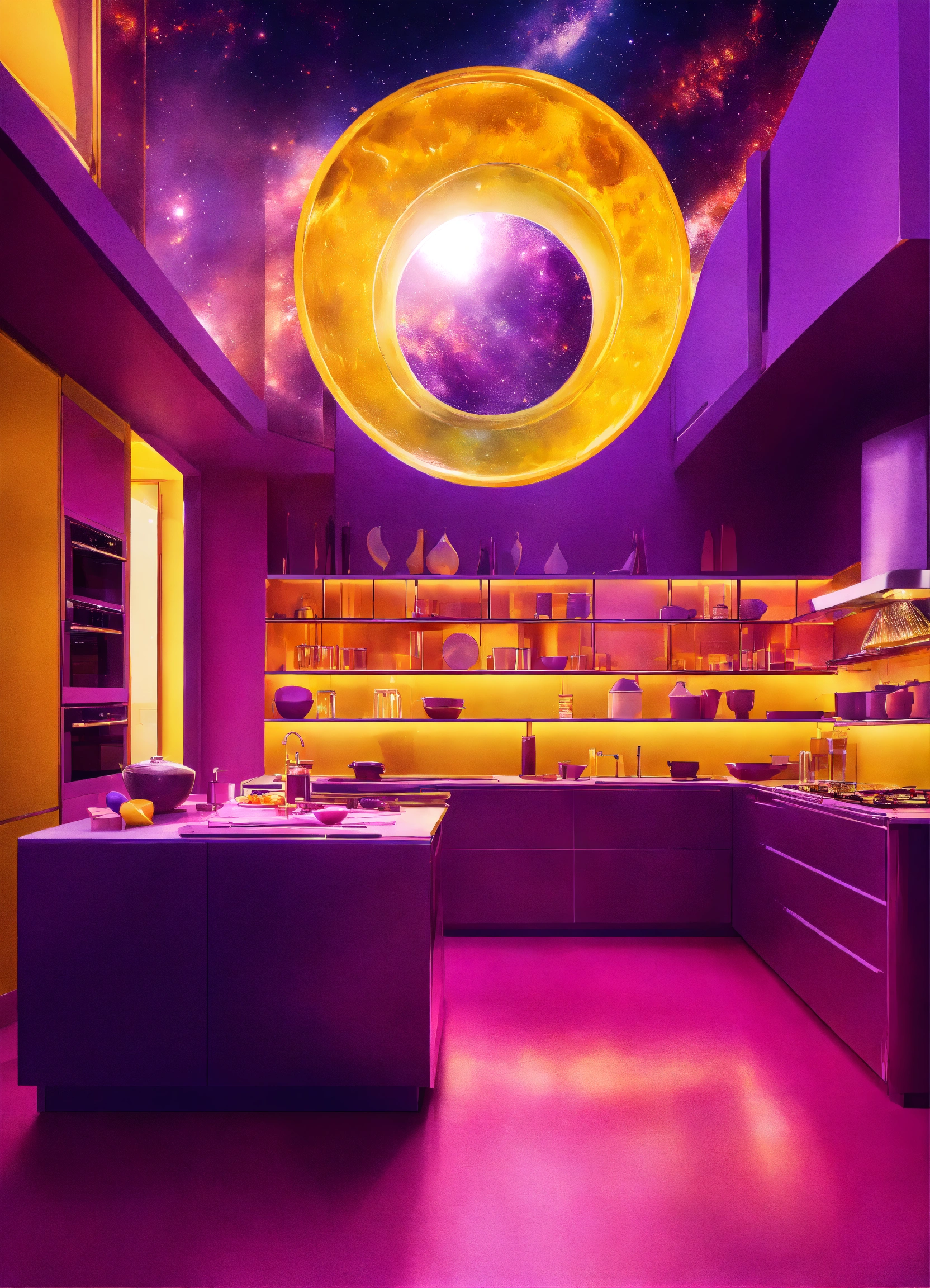 Lexica - A cosmic kitchen with yellow gold purple magenta colors a lot ...