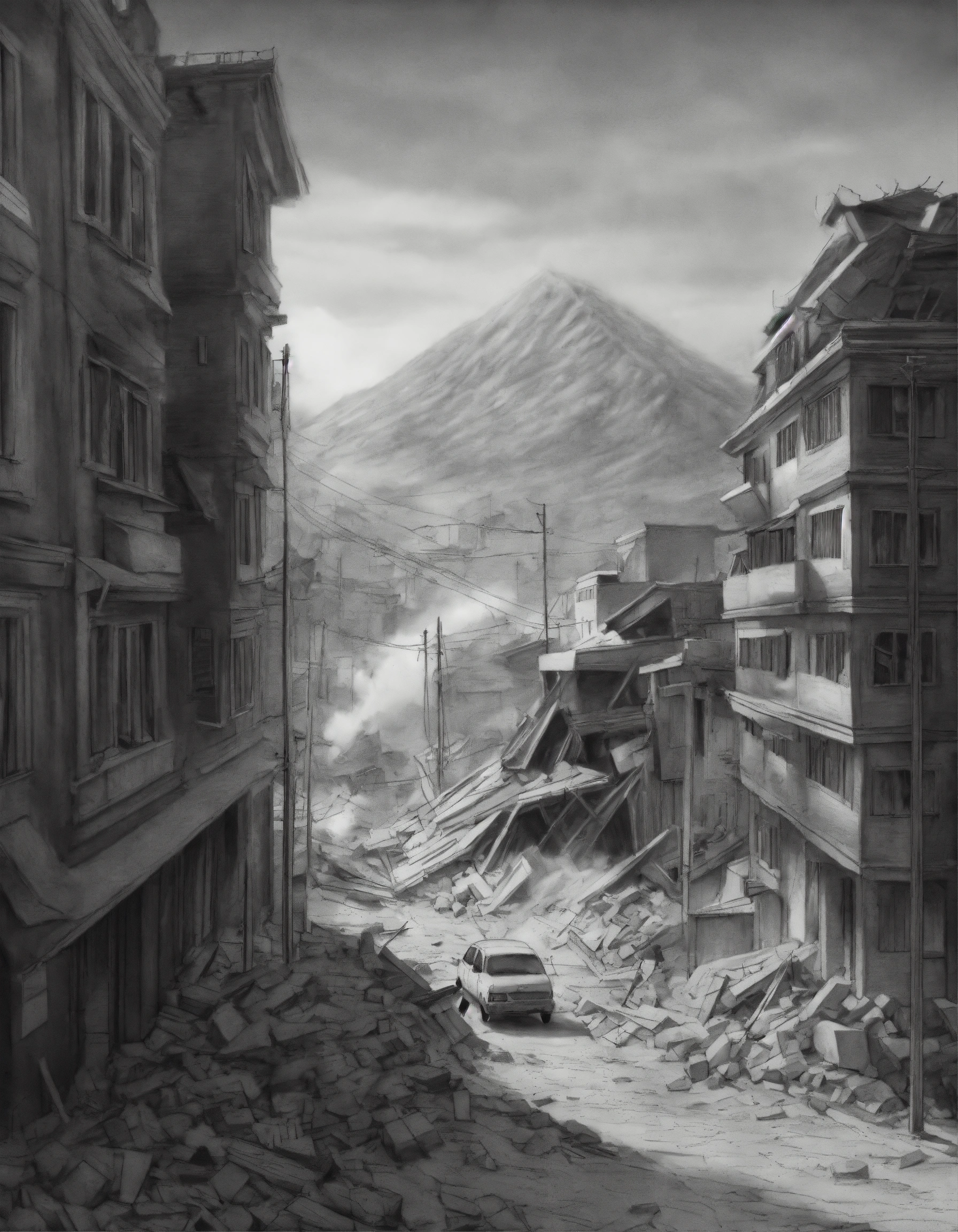 Lexica - A pencil sketch depicting a scene of an earthquake. realistic ...