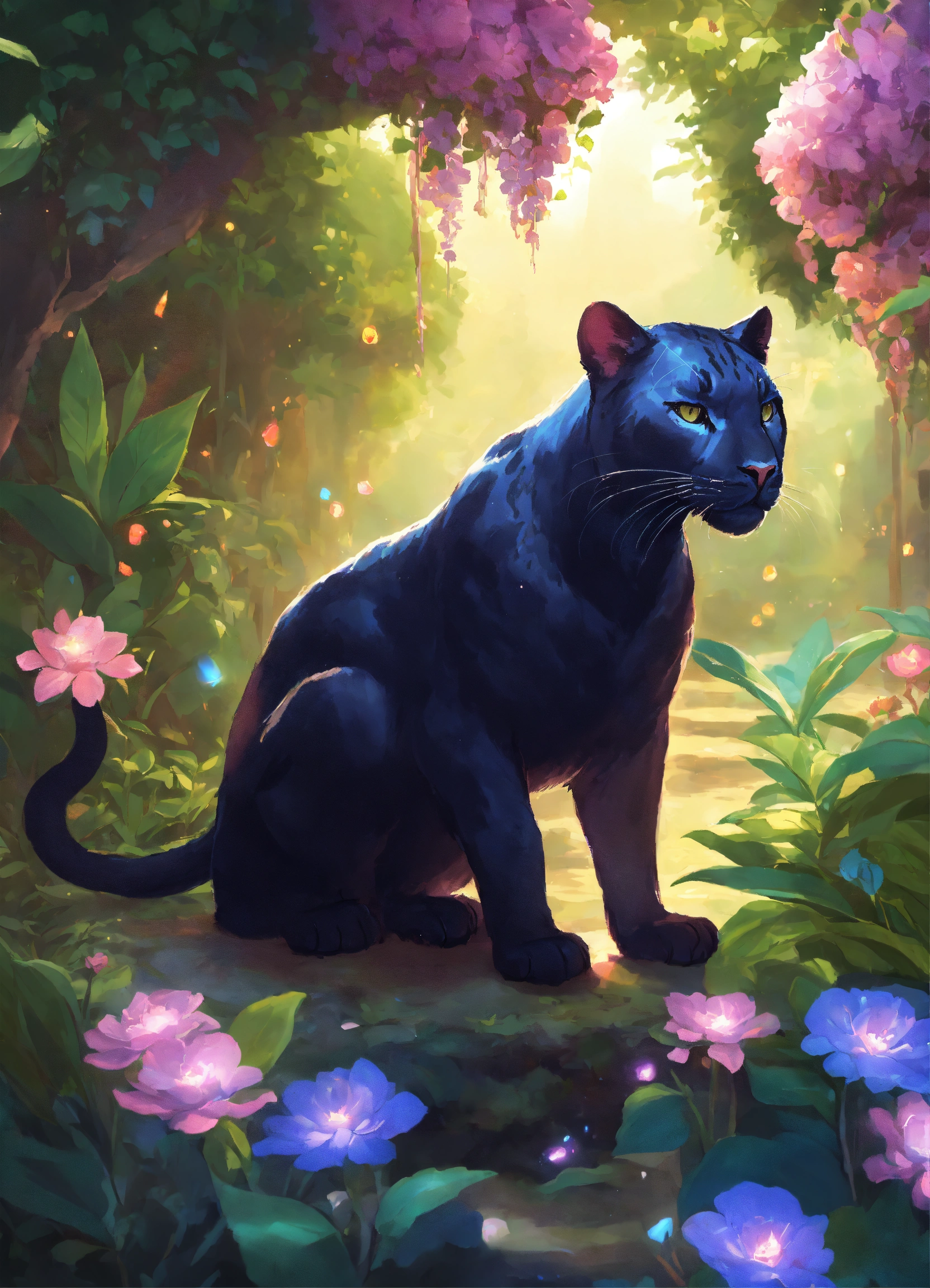 Lexica - Adorable panther in a magical garden, dnd, fantasy with lightning