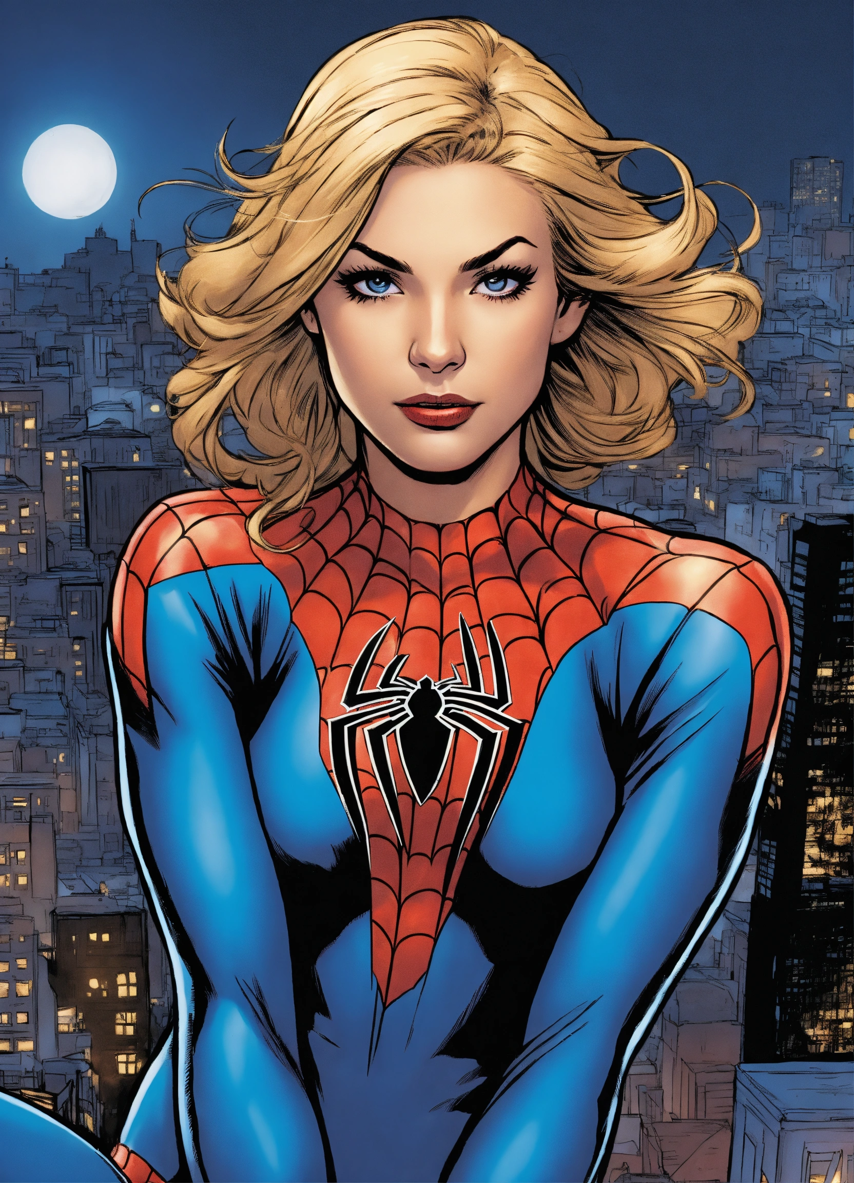 Lexica - Panel de cómic de Spiderman, mujer, pelo rubio, ojos azules