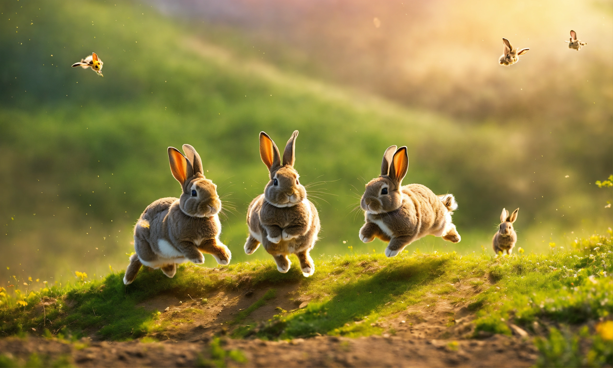 Lexica - 3 rabbits jumping around on a lovely background