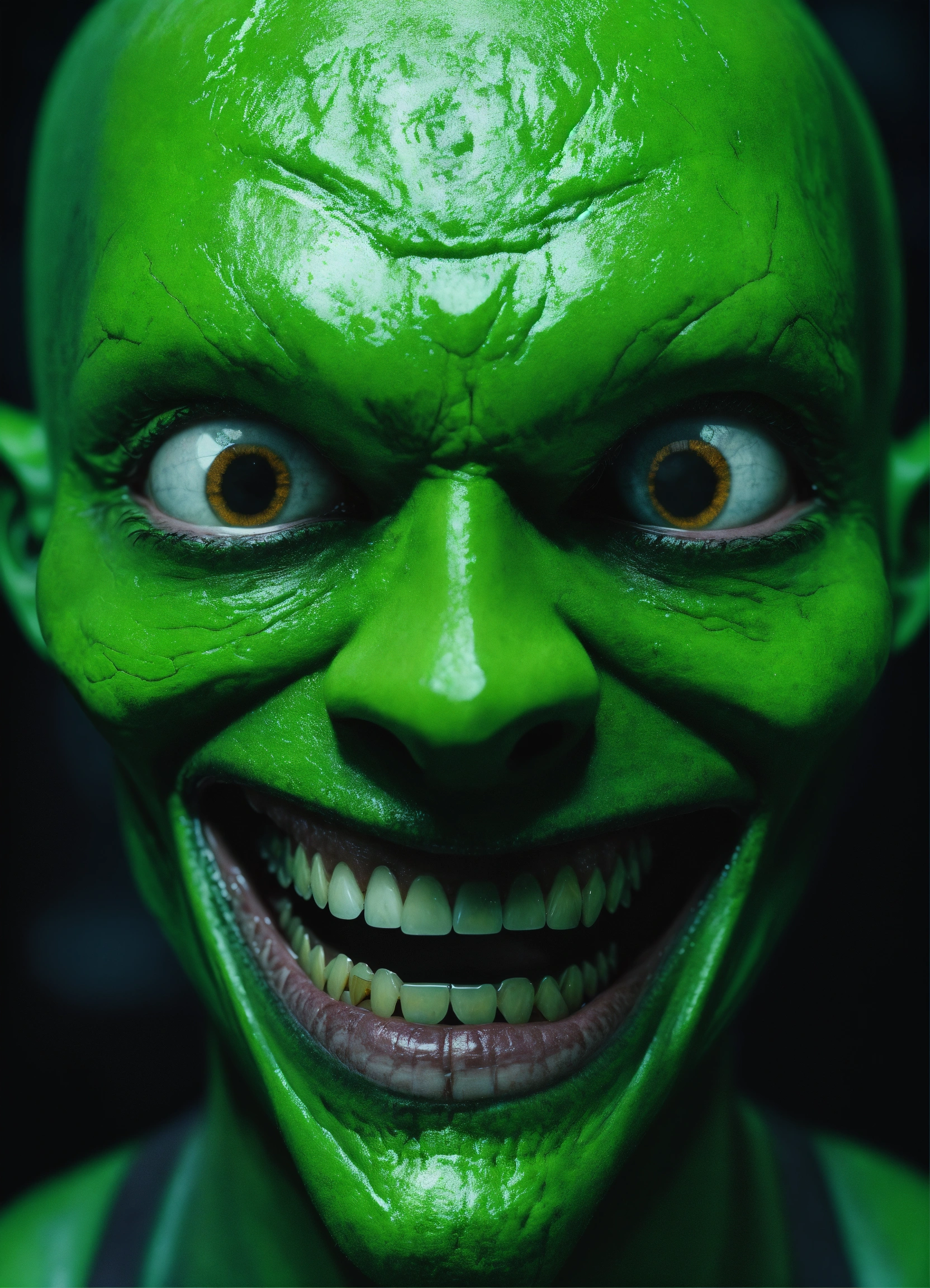 Lexica - Green skin Man standing in a dark room, smiling sadistically ...