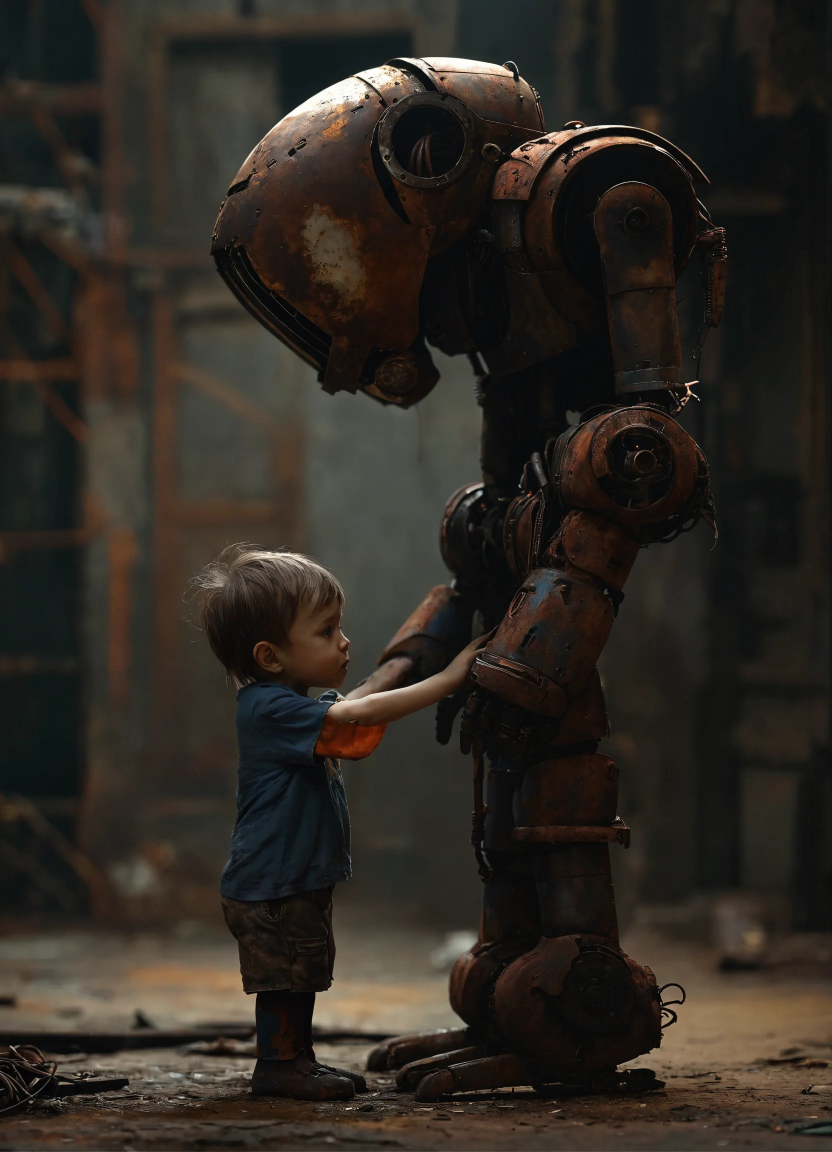 Lexica - Niño de 4 años, con enorme robot viejo y oxidado, abrazándose ...