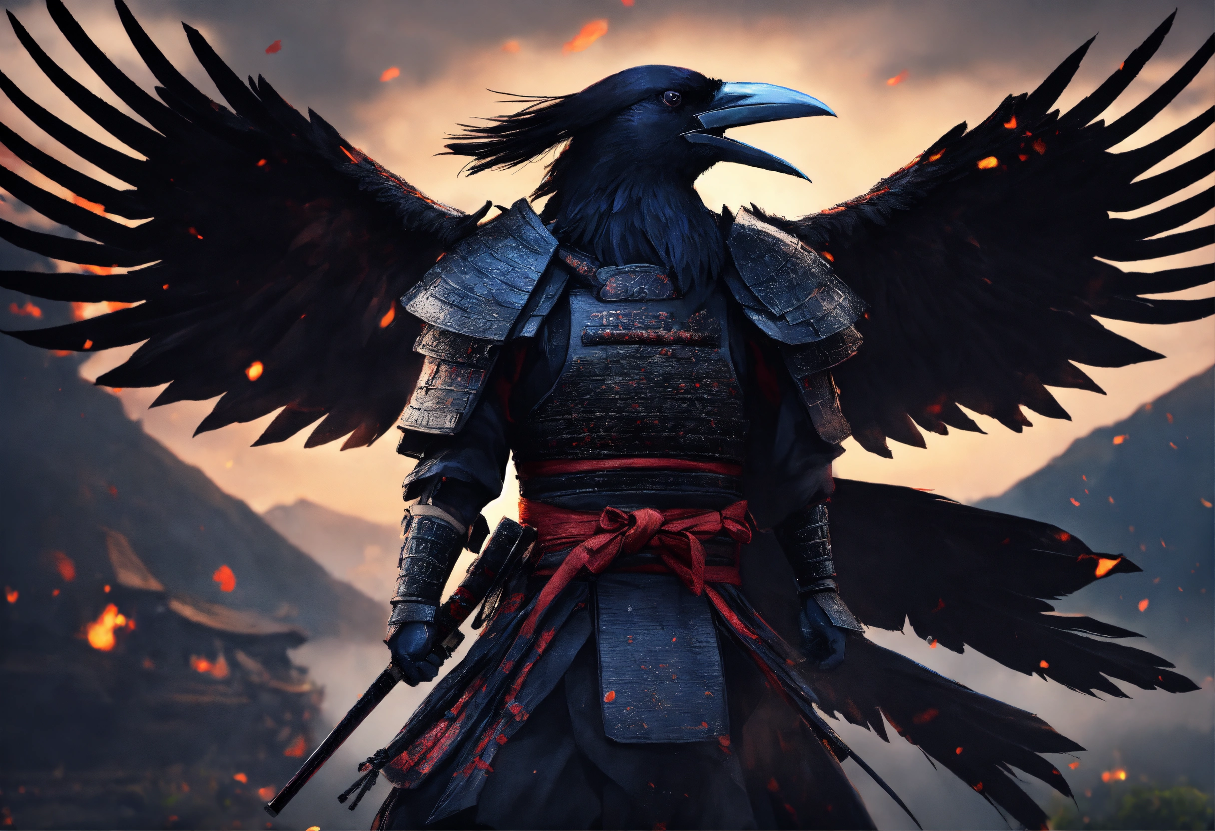 Lexica - Raven samurai with arms. Battlefield. Hyper realistic.