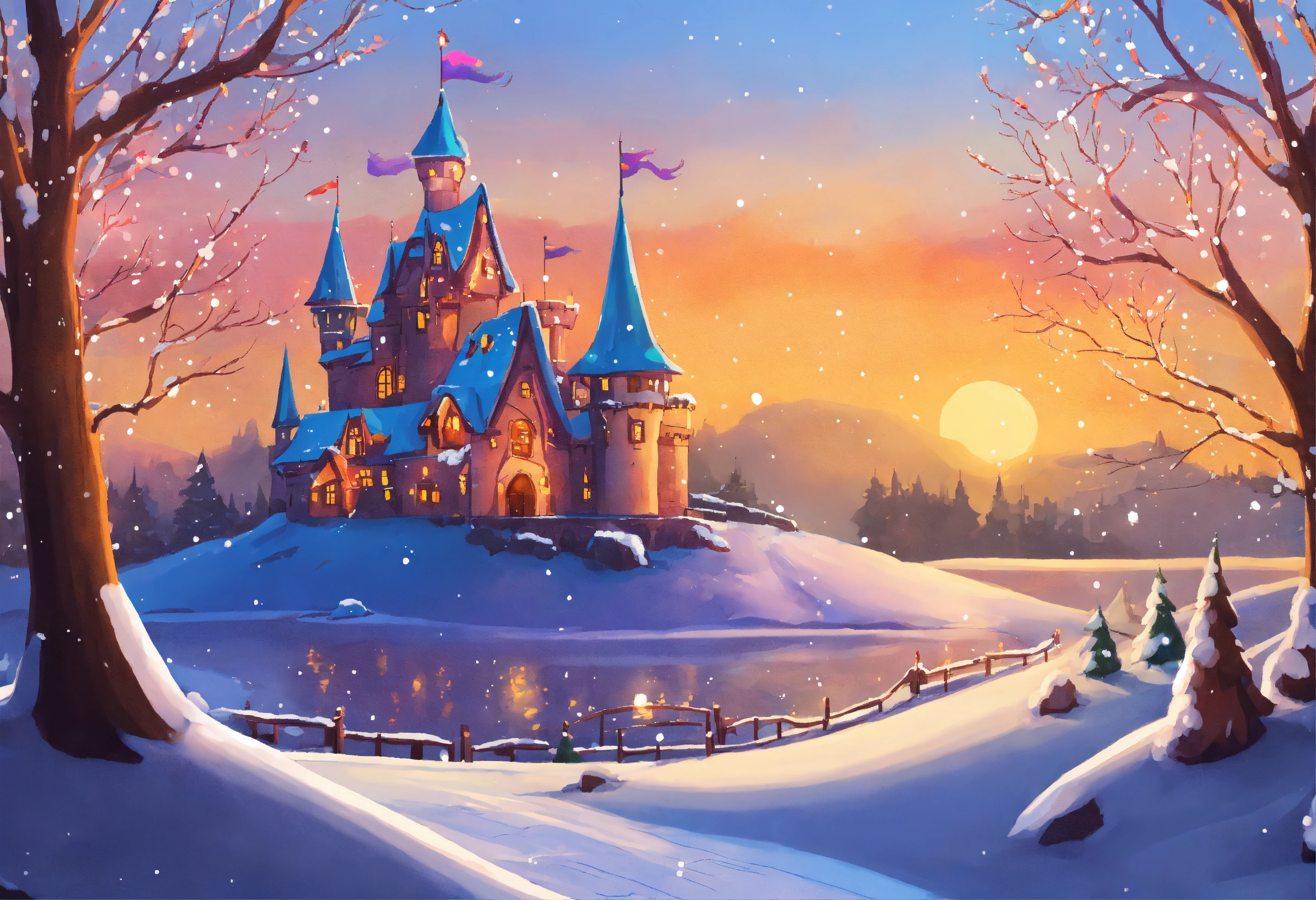 Lexica - Cartoon fairy taie style image castle winter christmas time