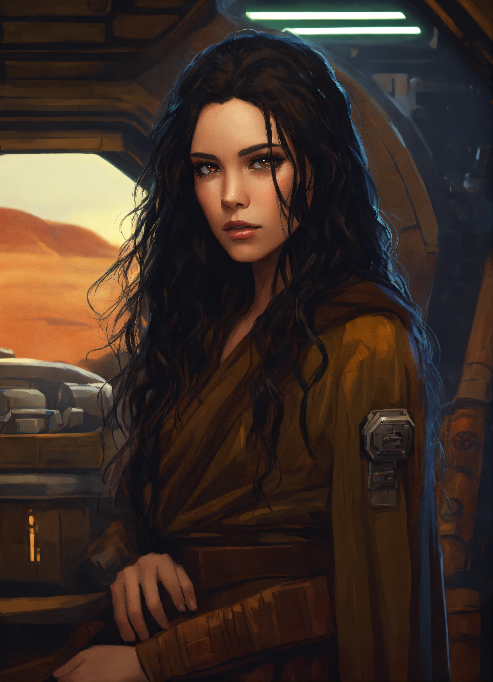 Lexica - Digital art of a Star Wars smuggler woman with long black hair ...