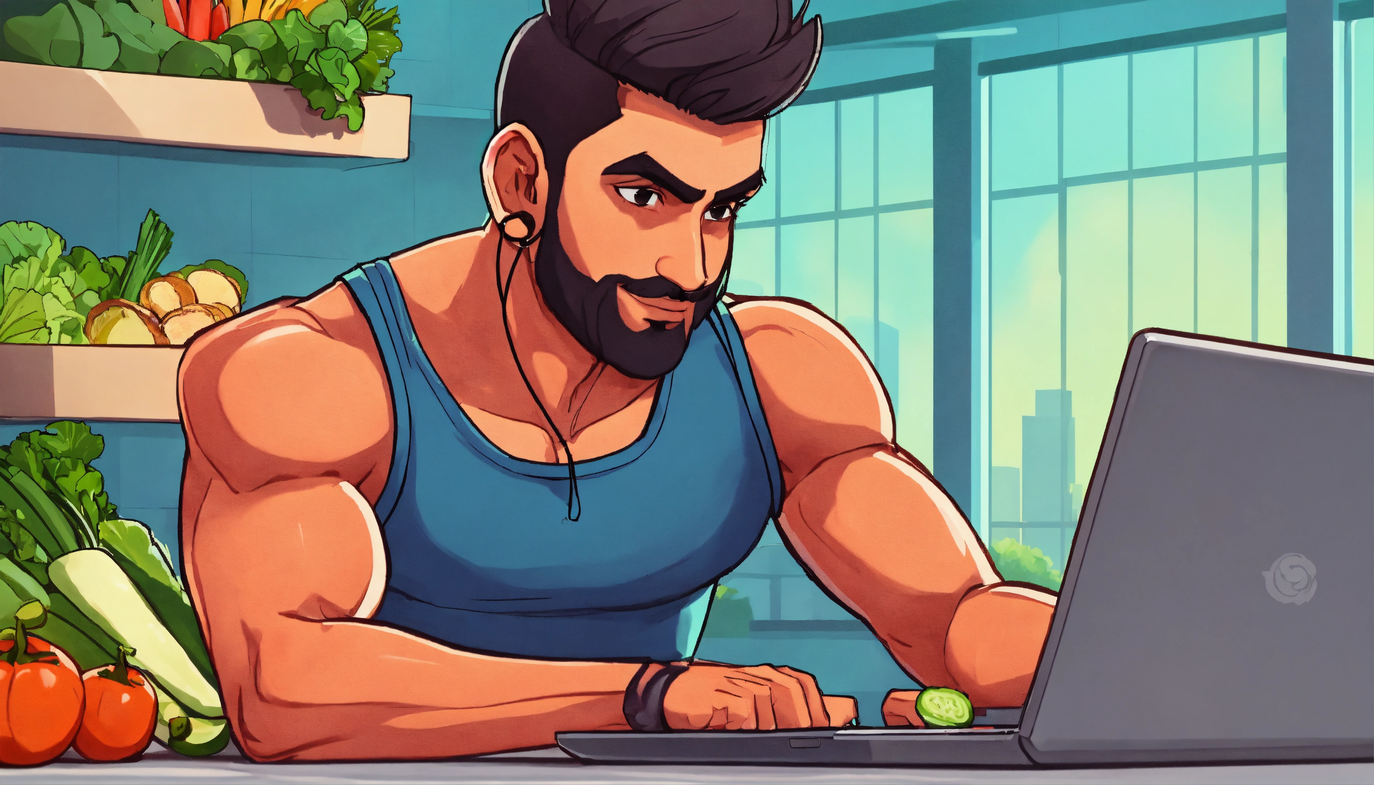 Lexica - Indian man fitness freak coding on a laptop by a bowl of ...