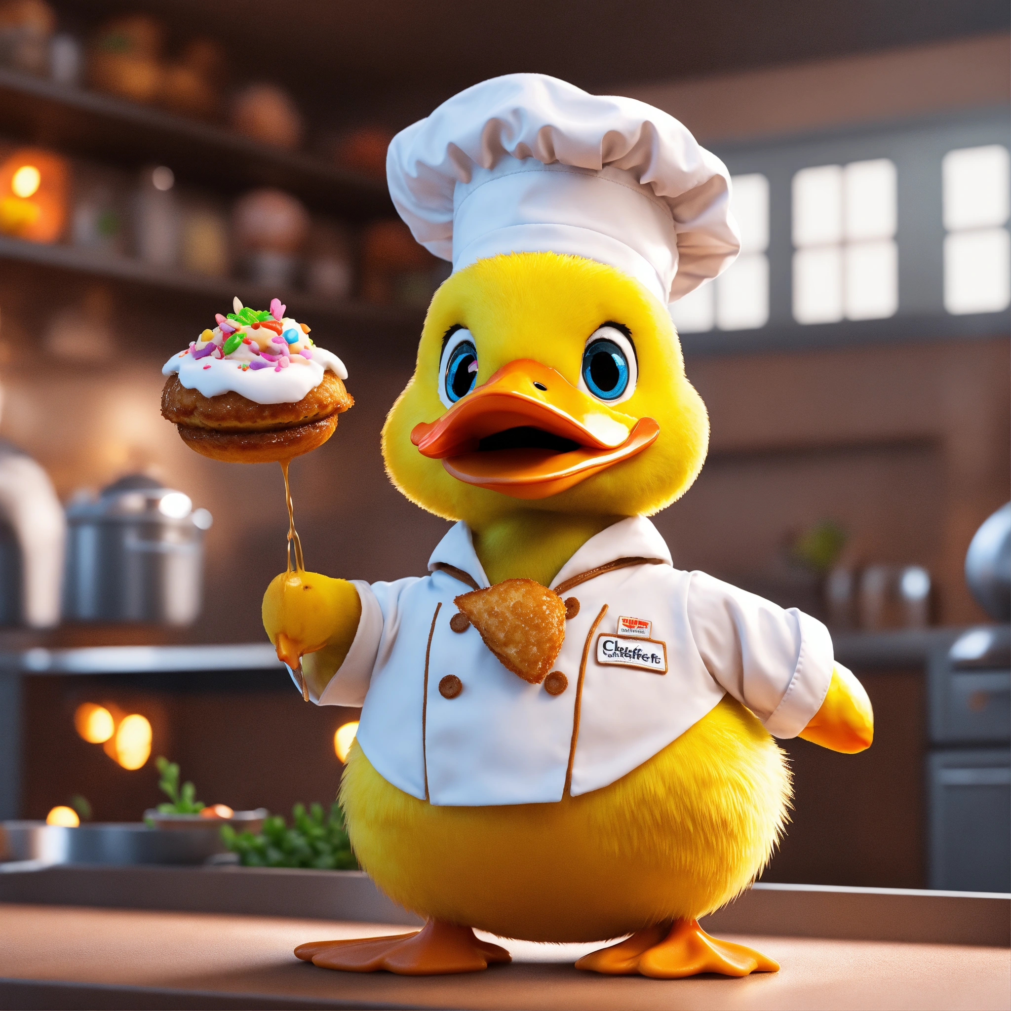 Lexica - A cute duck wearing a chef uniform, covered in donut batter ...