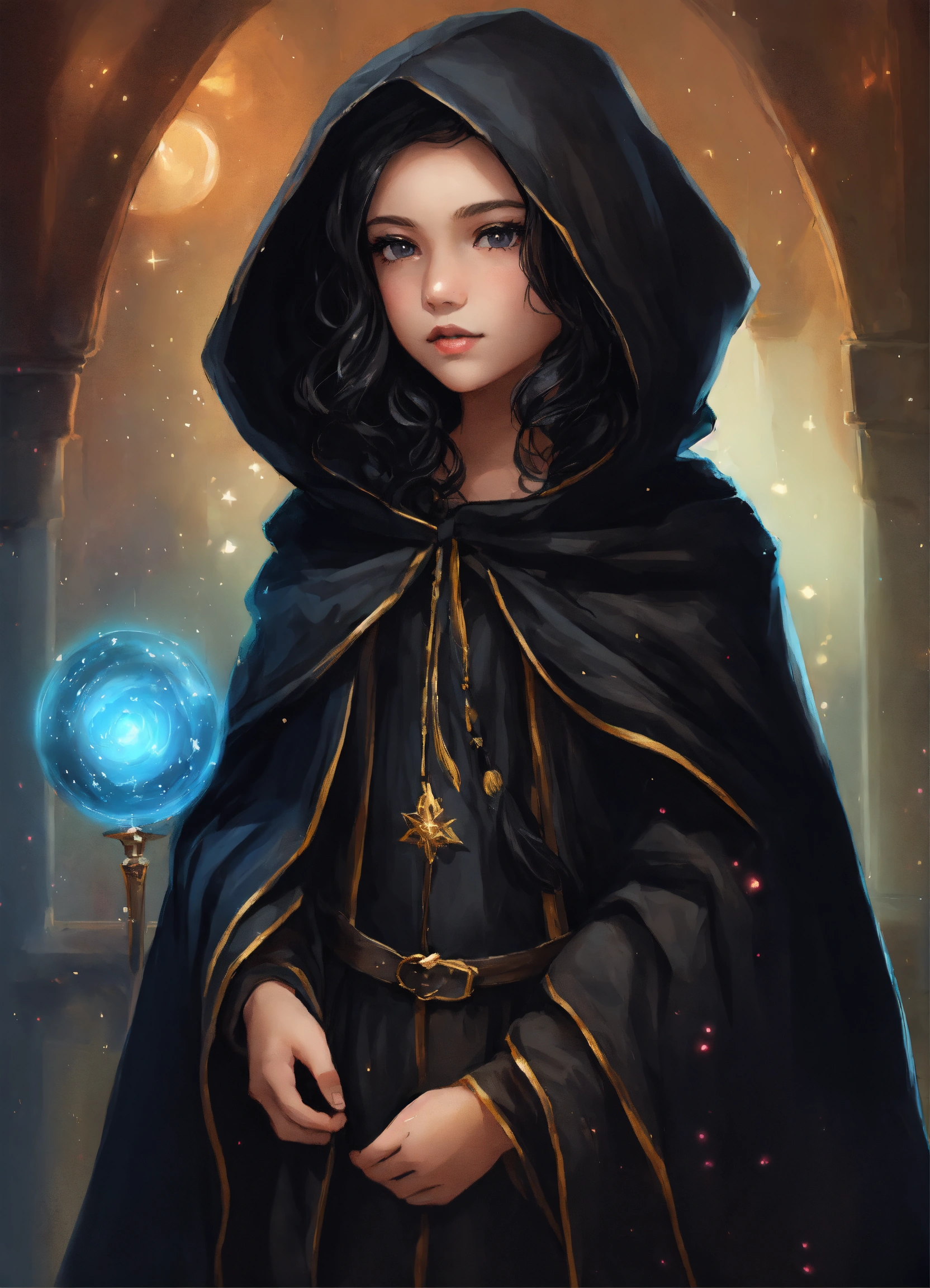 Lexica - A beautiful child wizard in a black cape and hood with long ...