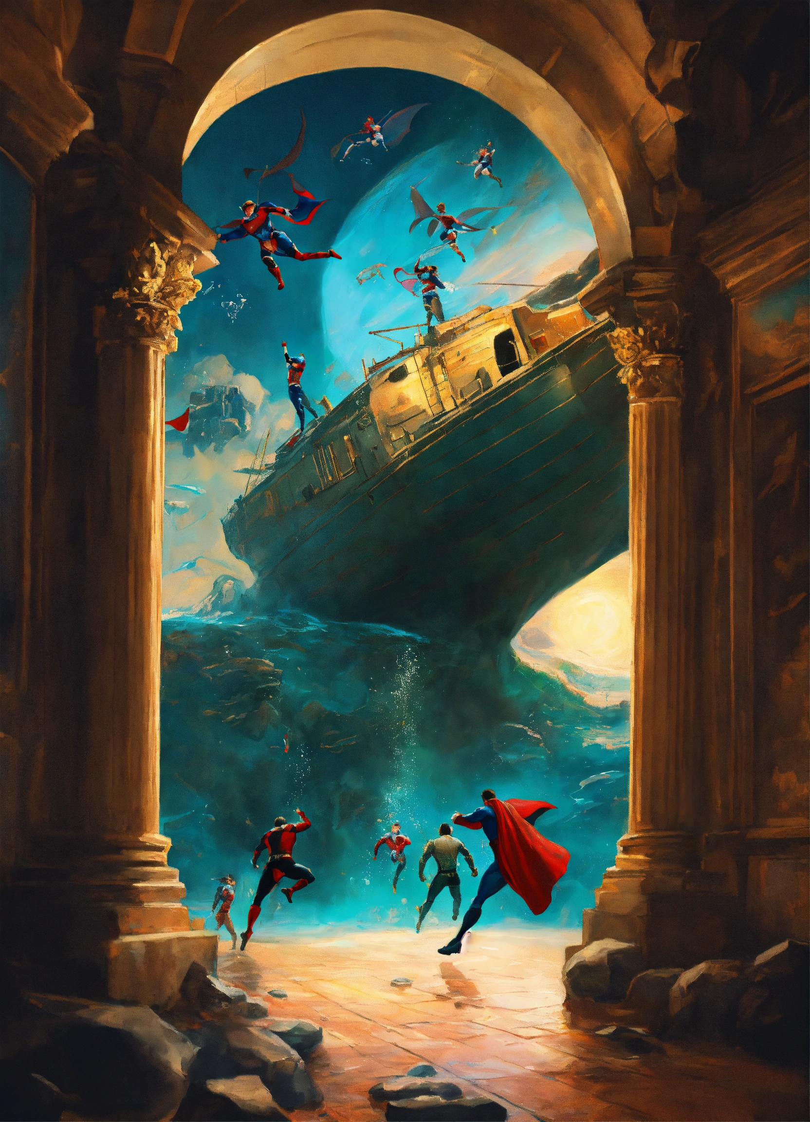 Lexica - A paintings coming to life in an art gallery, superheroes in ...