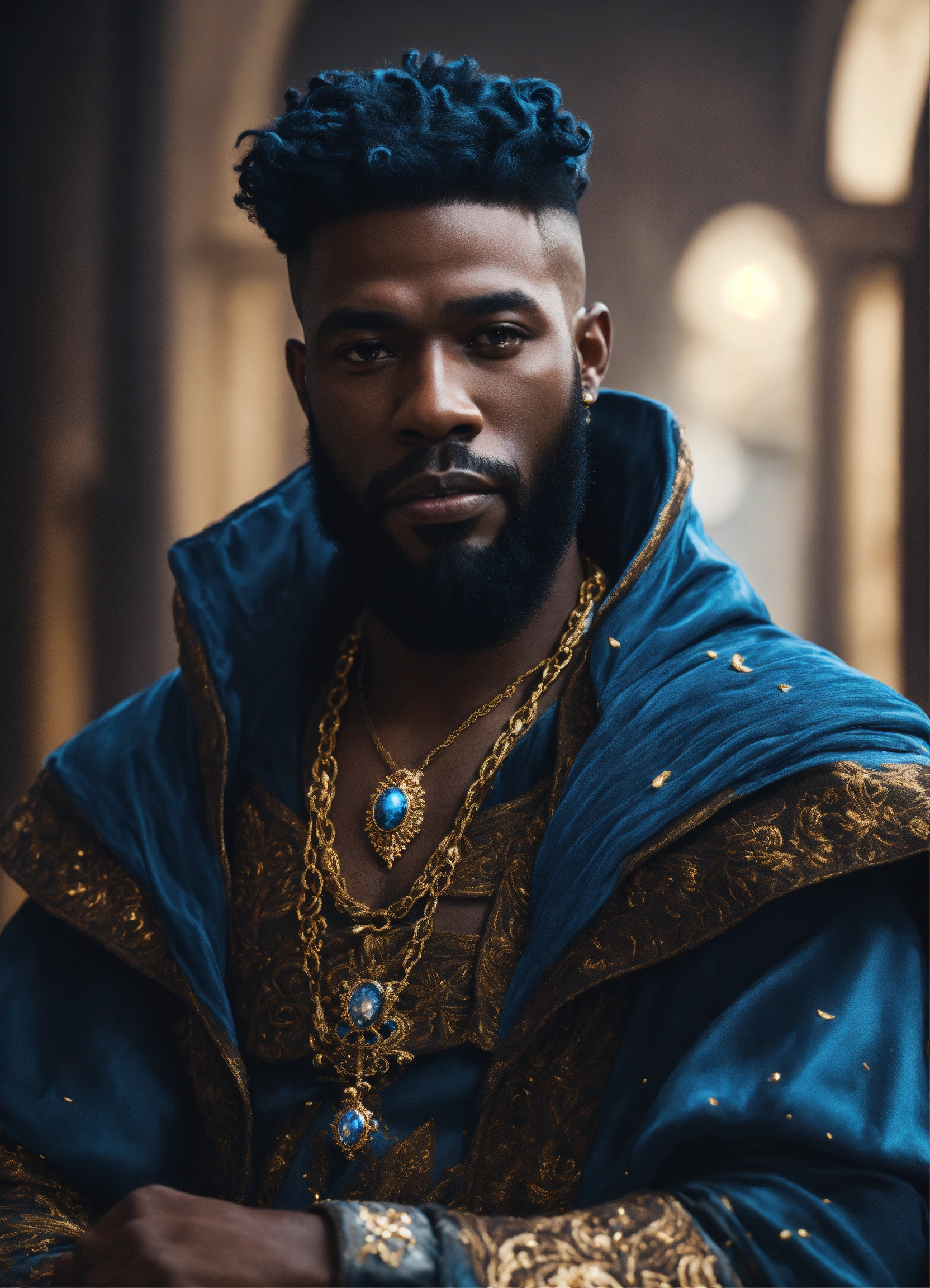 Lexica - Black man prince blue hair blue beard fantasy 4k