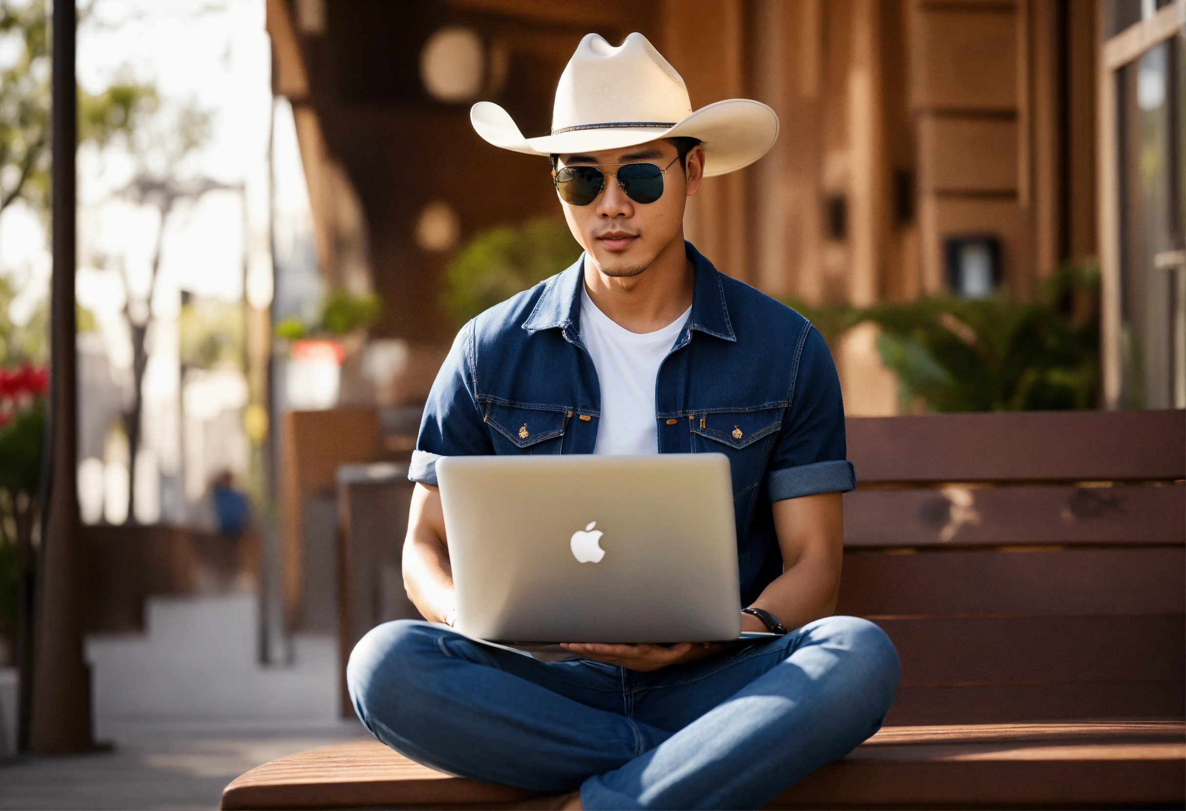 Lexica - Asian guy in cowboy hat, boots, jeans tech company t-shirt ...
