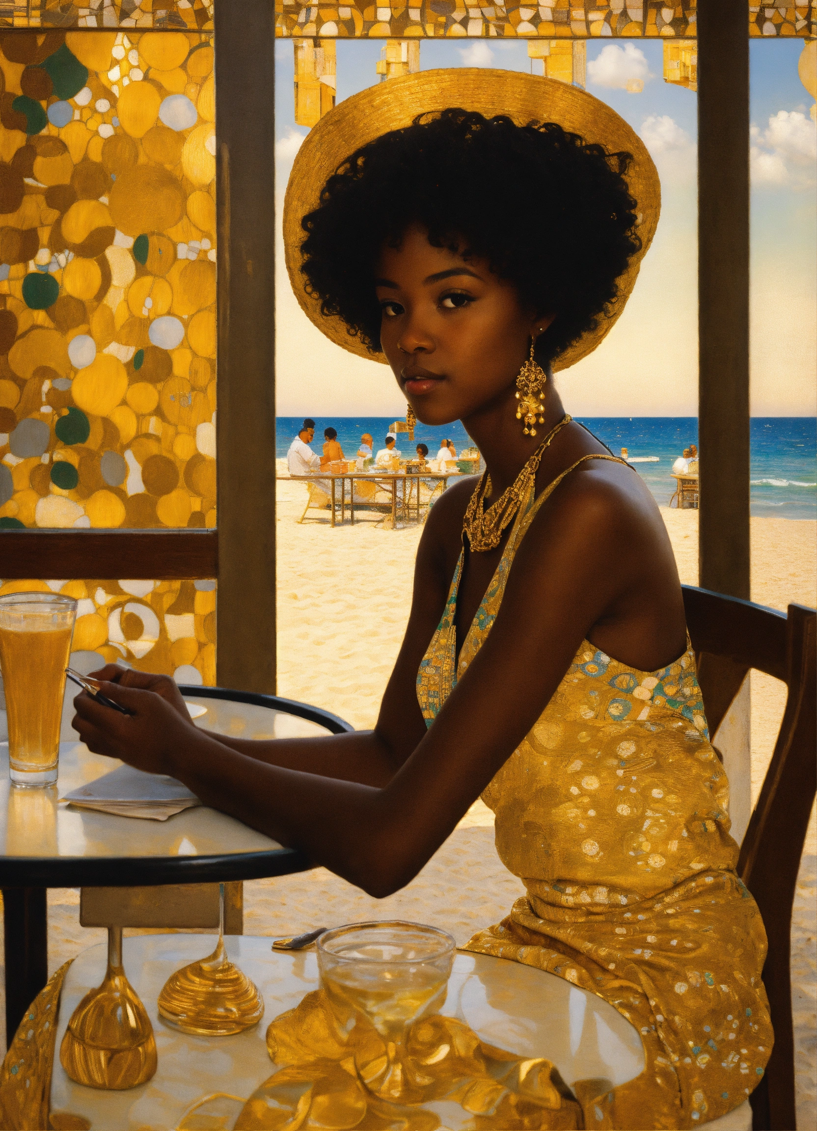 Lexica - An African American girl sitting in a beachfront restaurant ...