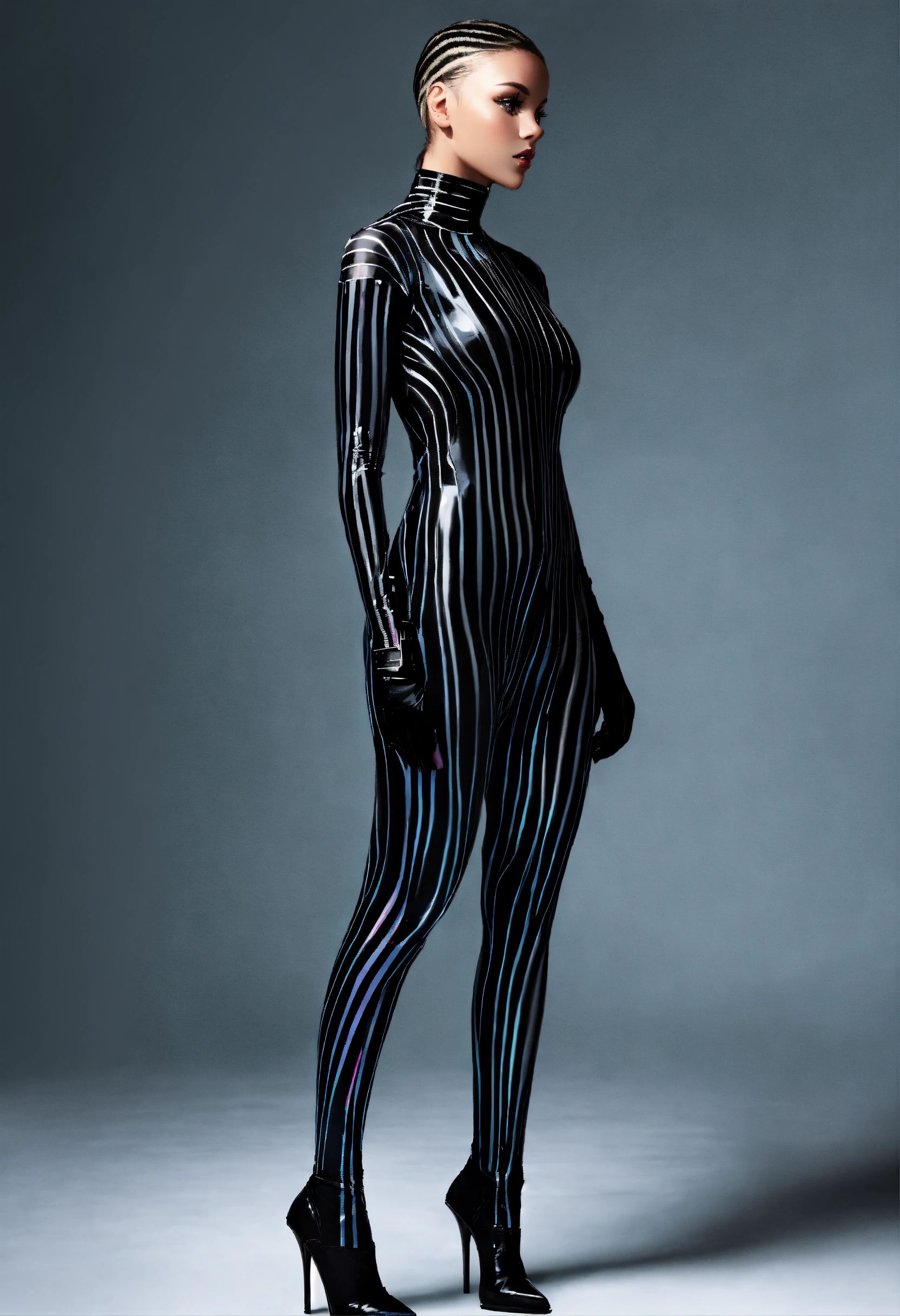 Lexica - Half body, side view, futuristic woman in black striped full ...