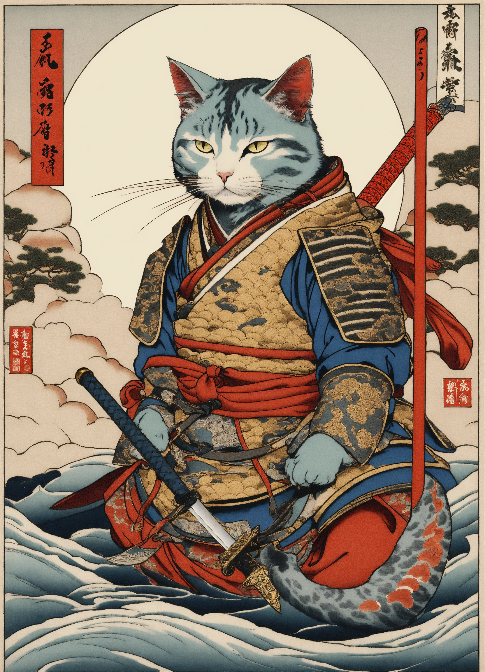 Lexica - There is a cat with a fish and a sword on a white background ...