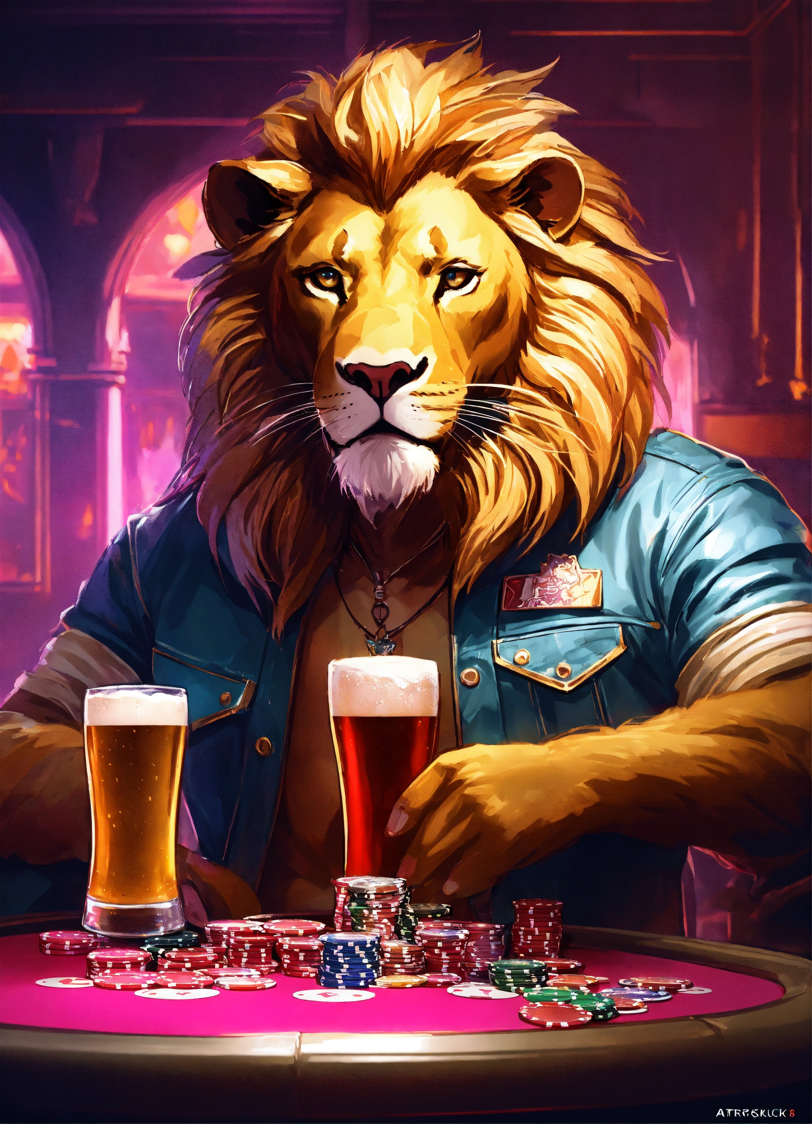Lexica - Poker lion cowboy drinks beer at speckled pink cyber pyramid ...