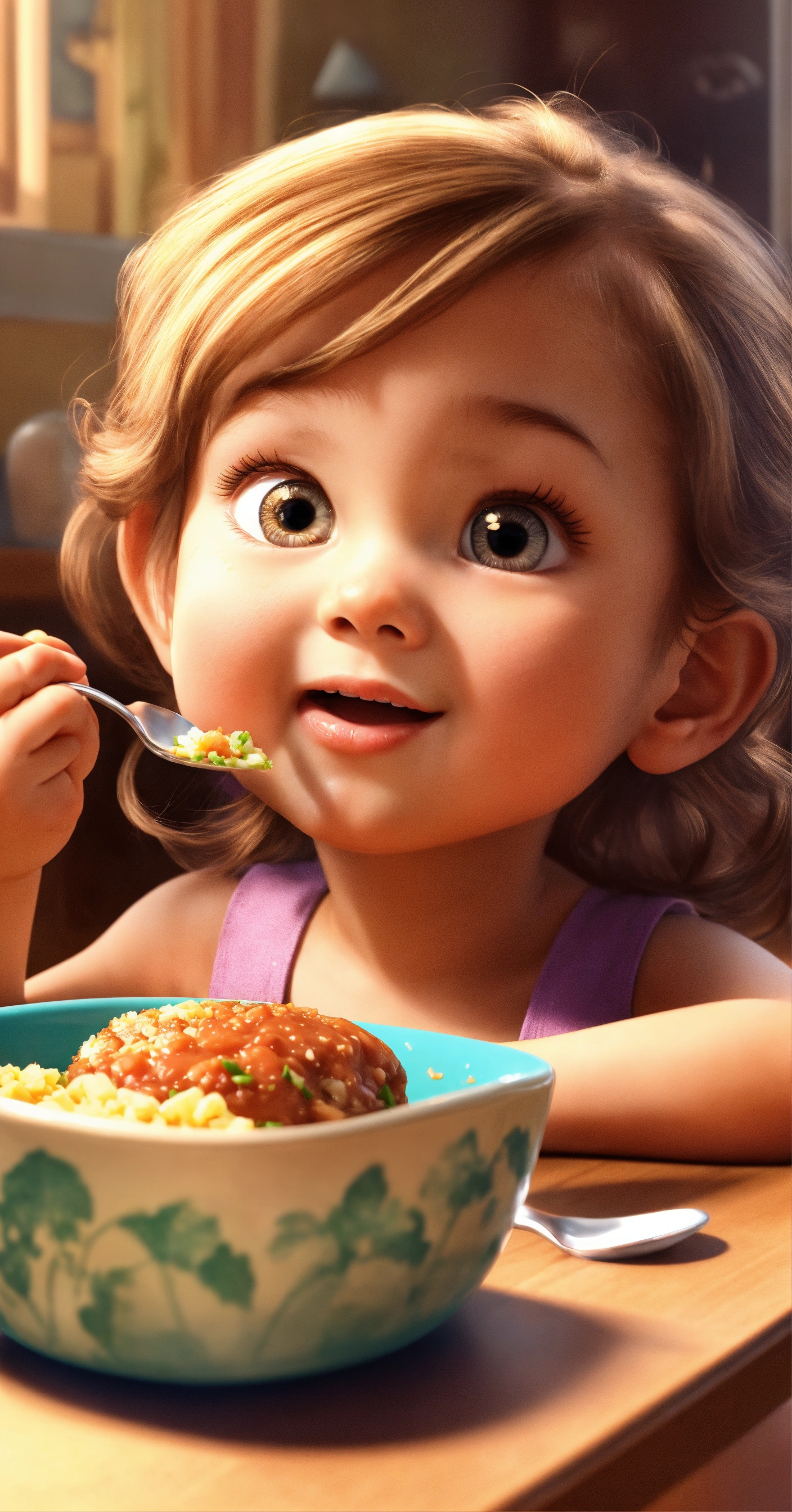 Lexica - A beautiful 3 years old girl eat her food .realistic , 3D ...