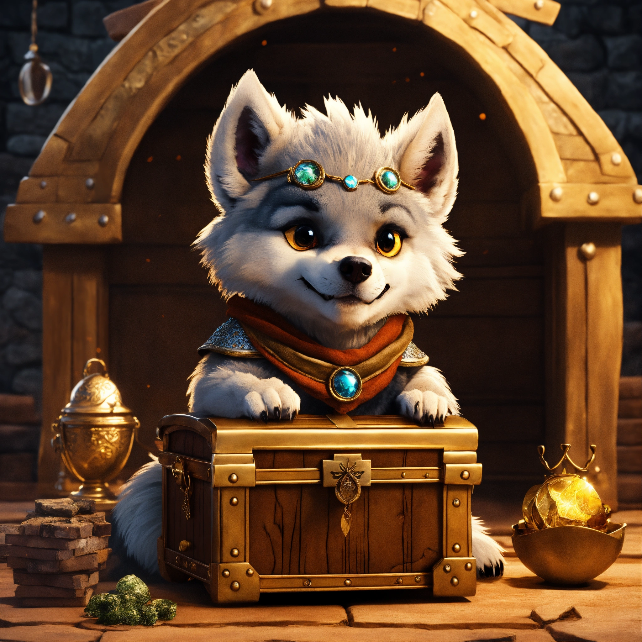 Lexica - Cute wolf-like monster guarding treasure chest, medieval ...