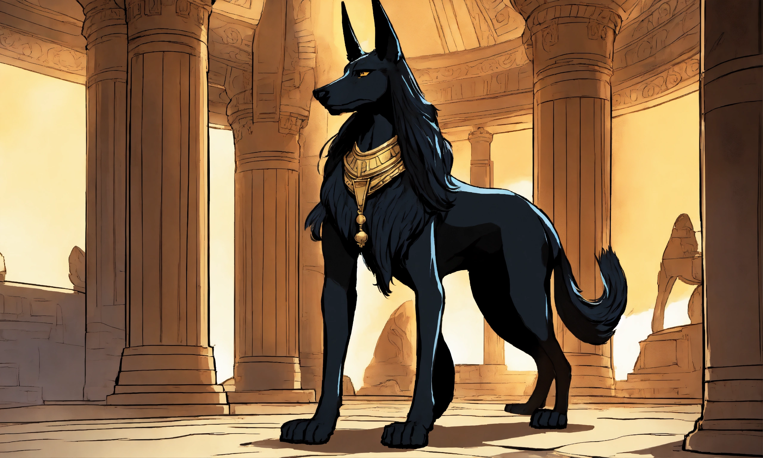 Lexica - Black long haired Anubis at a temple. comic