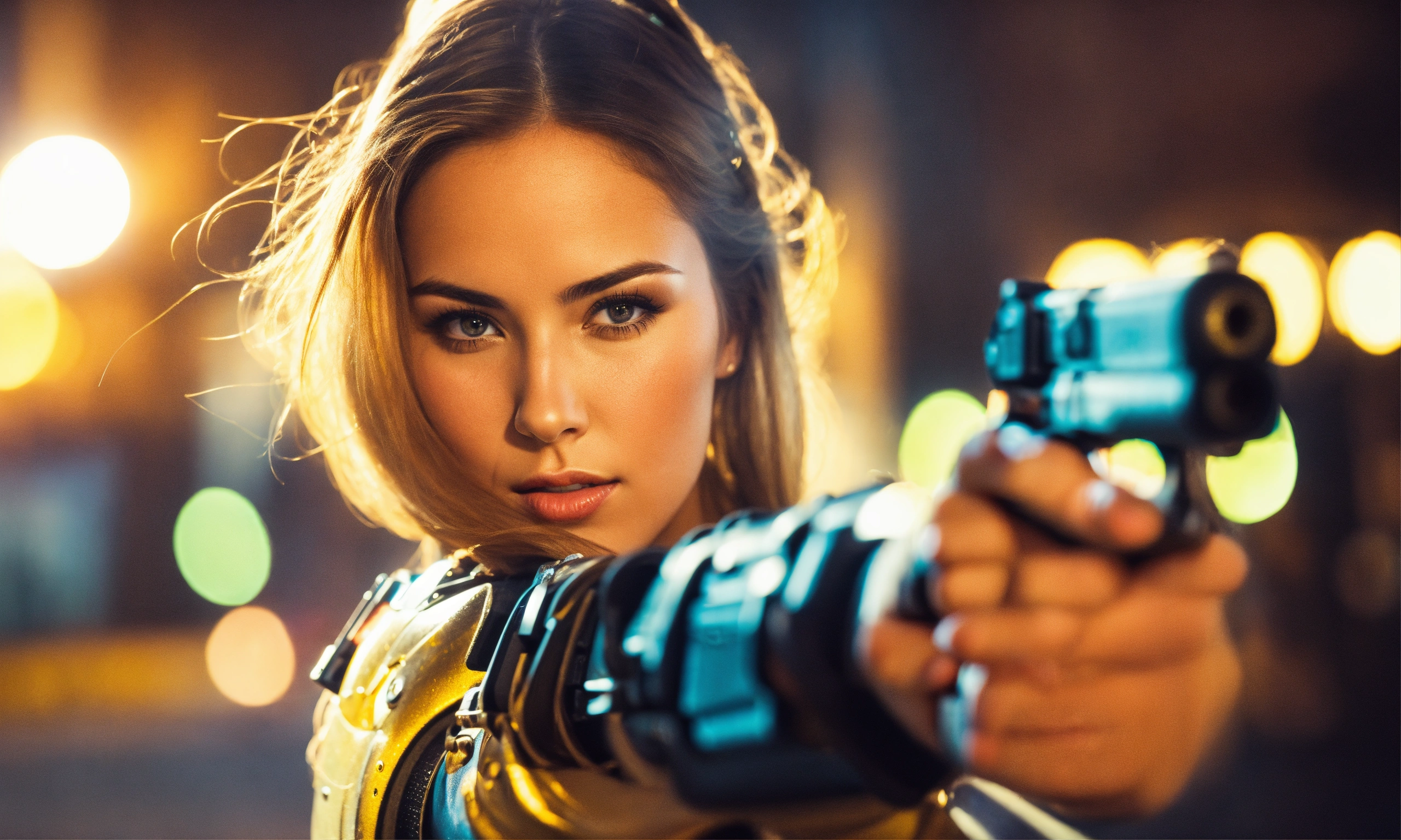 Lexica - Photo of a young and beautiful woman pointing a gun at me