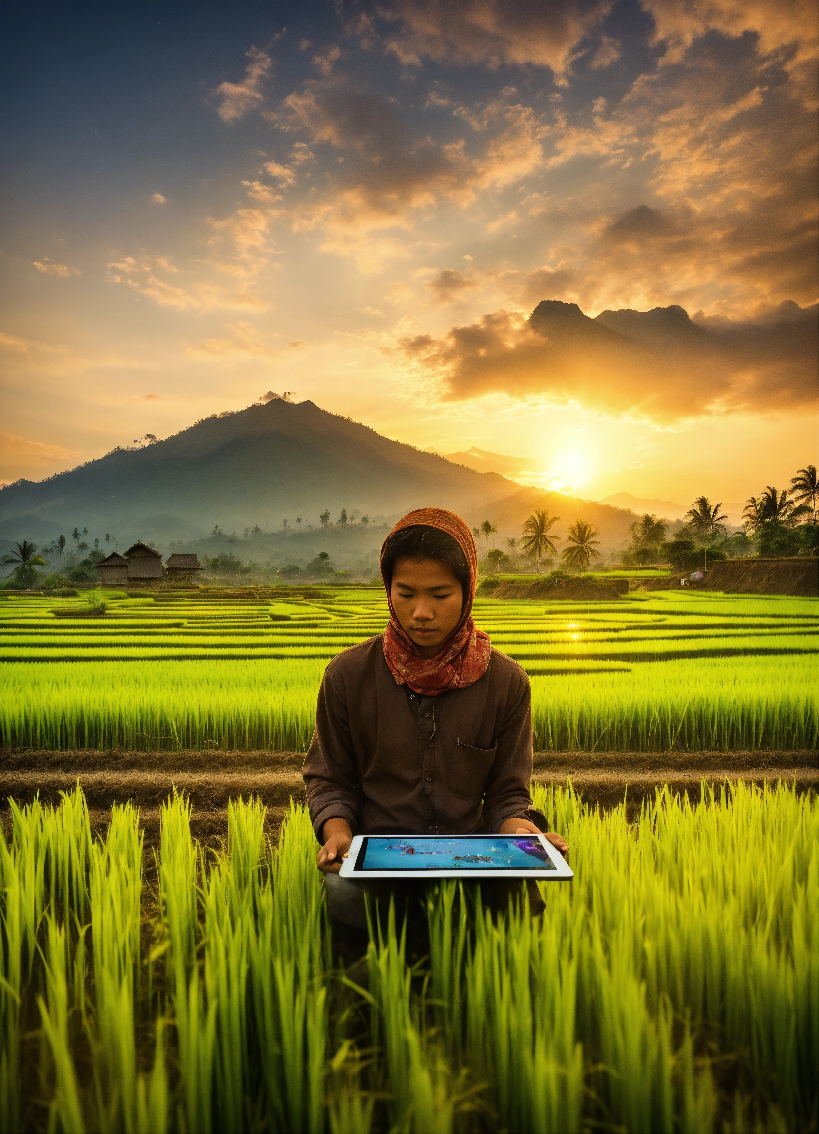 Lexica - Young farmer using ipad tab in the middle of rice fields, face ...