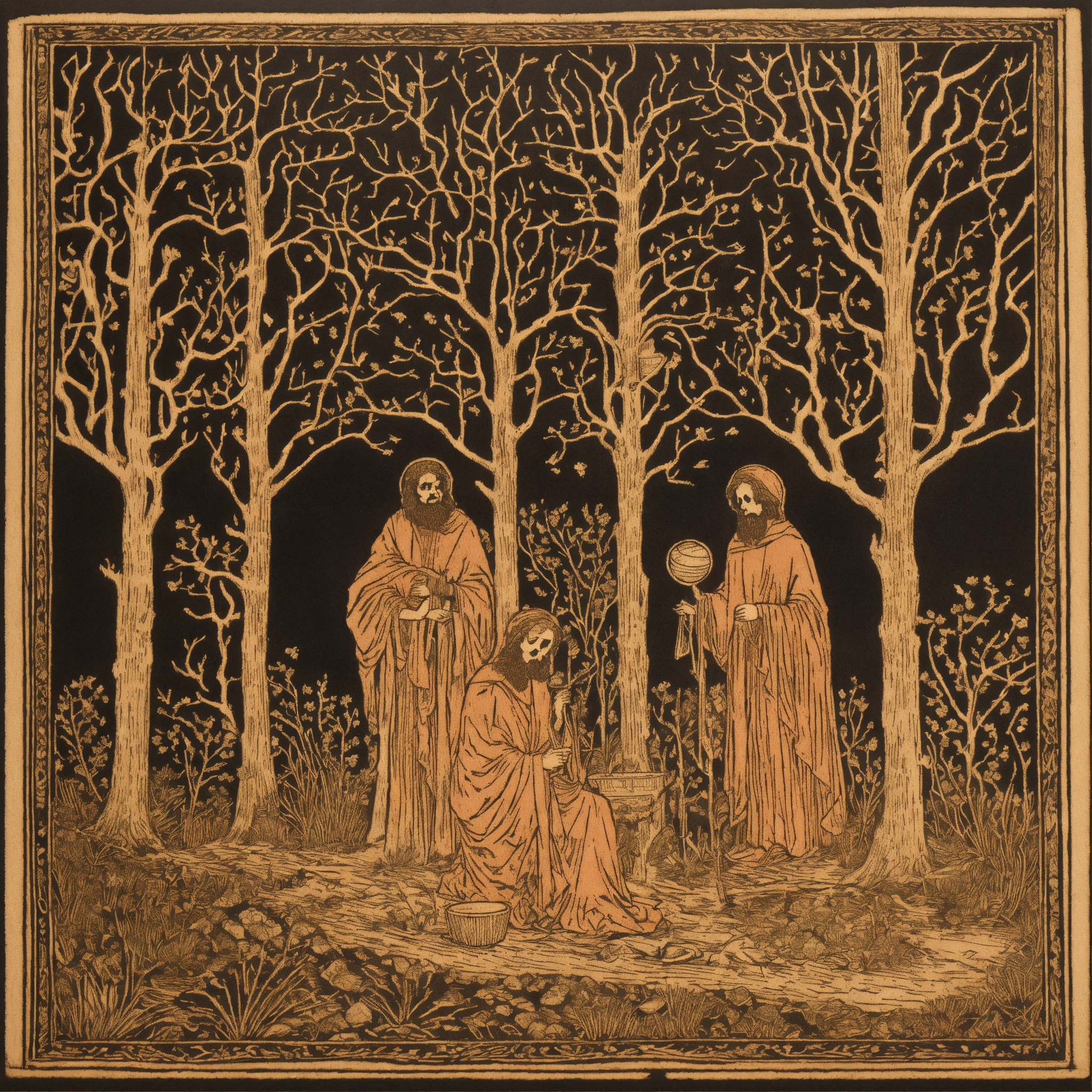 Lexica - In wood block etching style, in 3 colors The living are soft ...