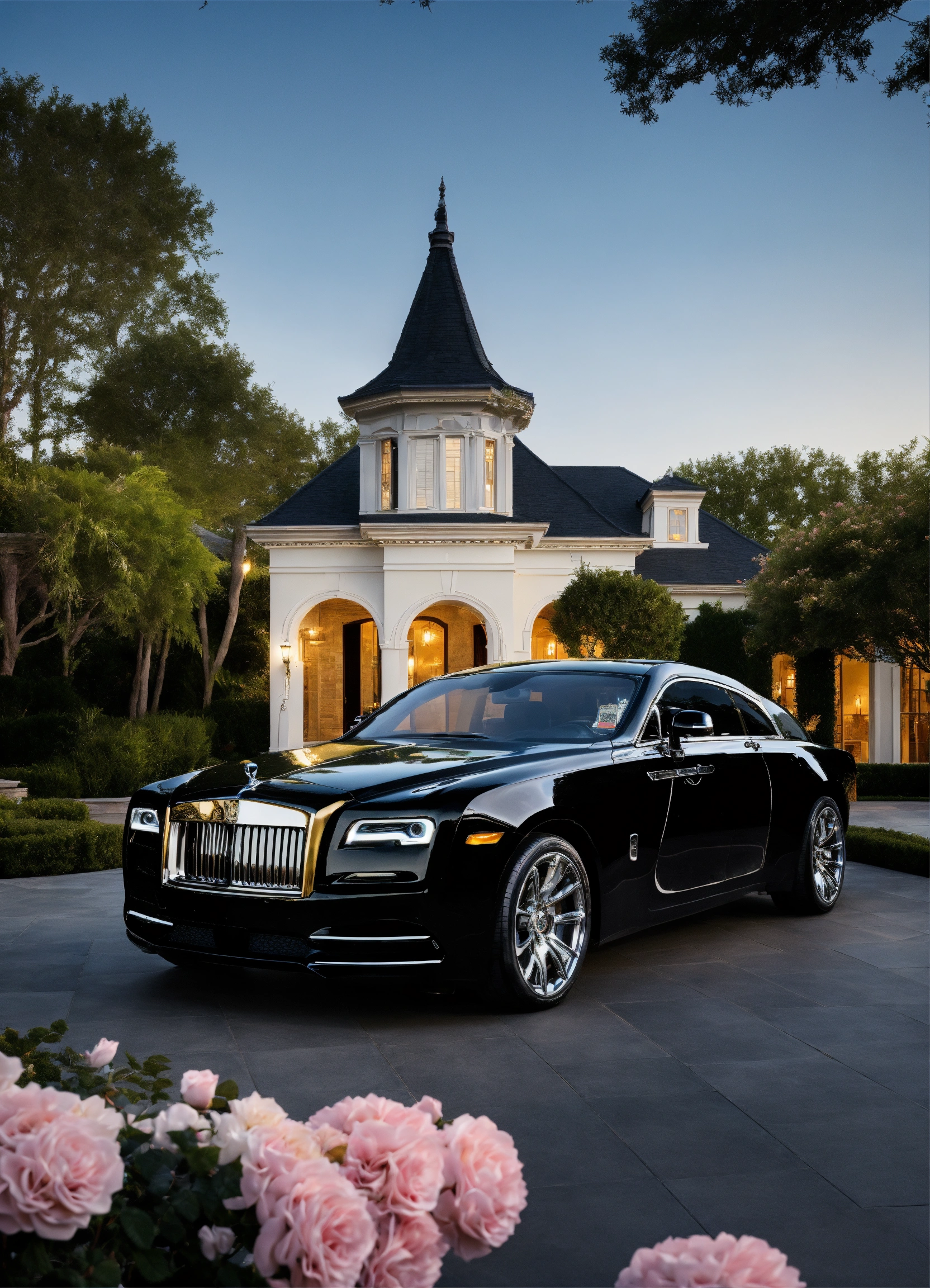 Lexica - 2020 rose Royce Wraith black and Gold with mansion background ...