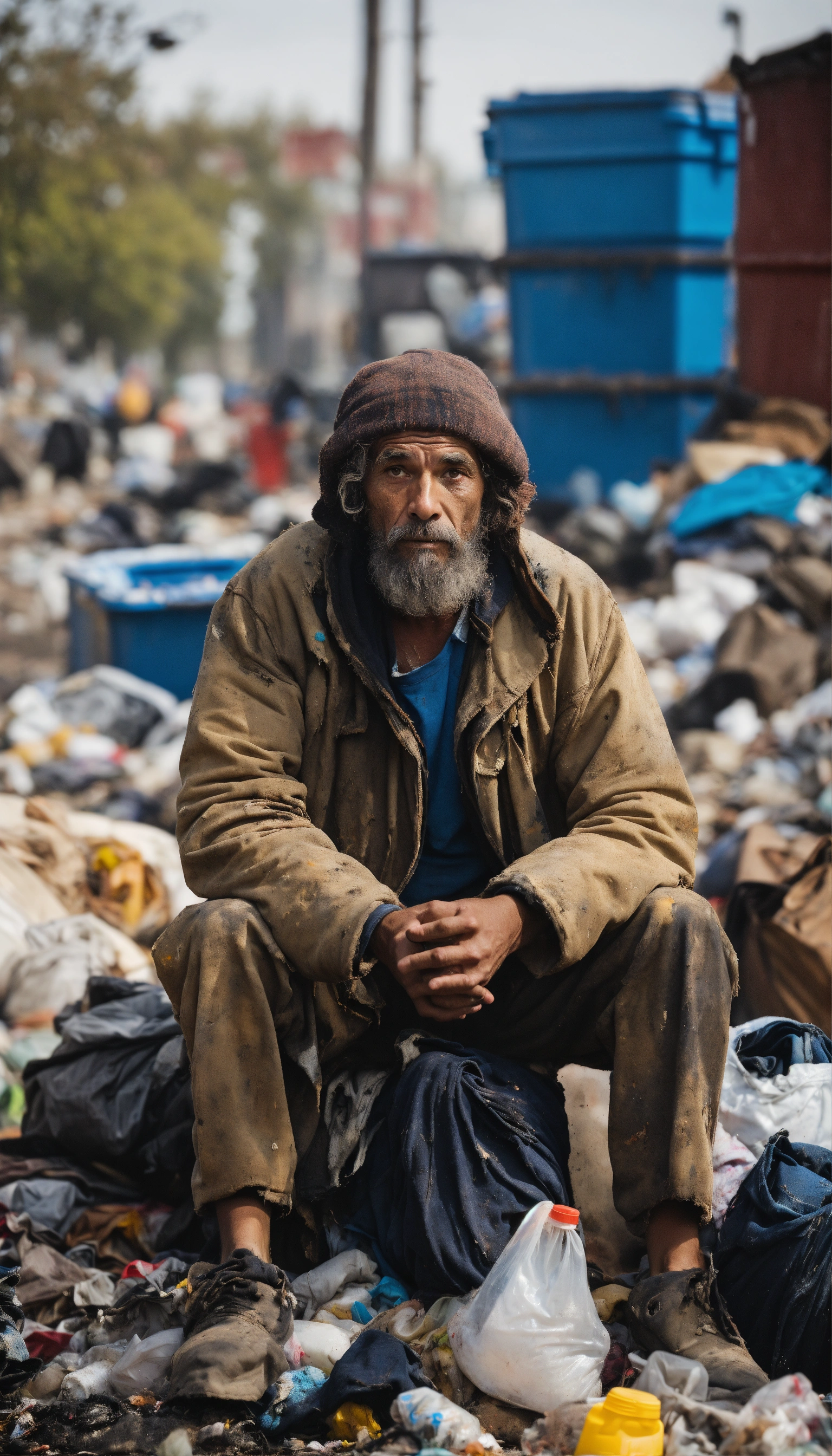 Lexica - A homeless man in tattered dirty clothes sits on a rubbish ...