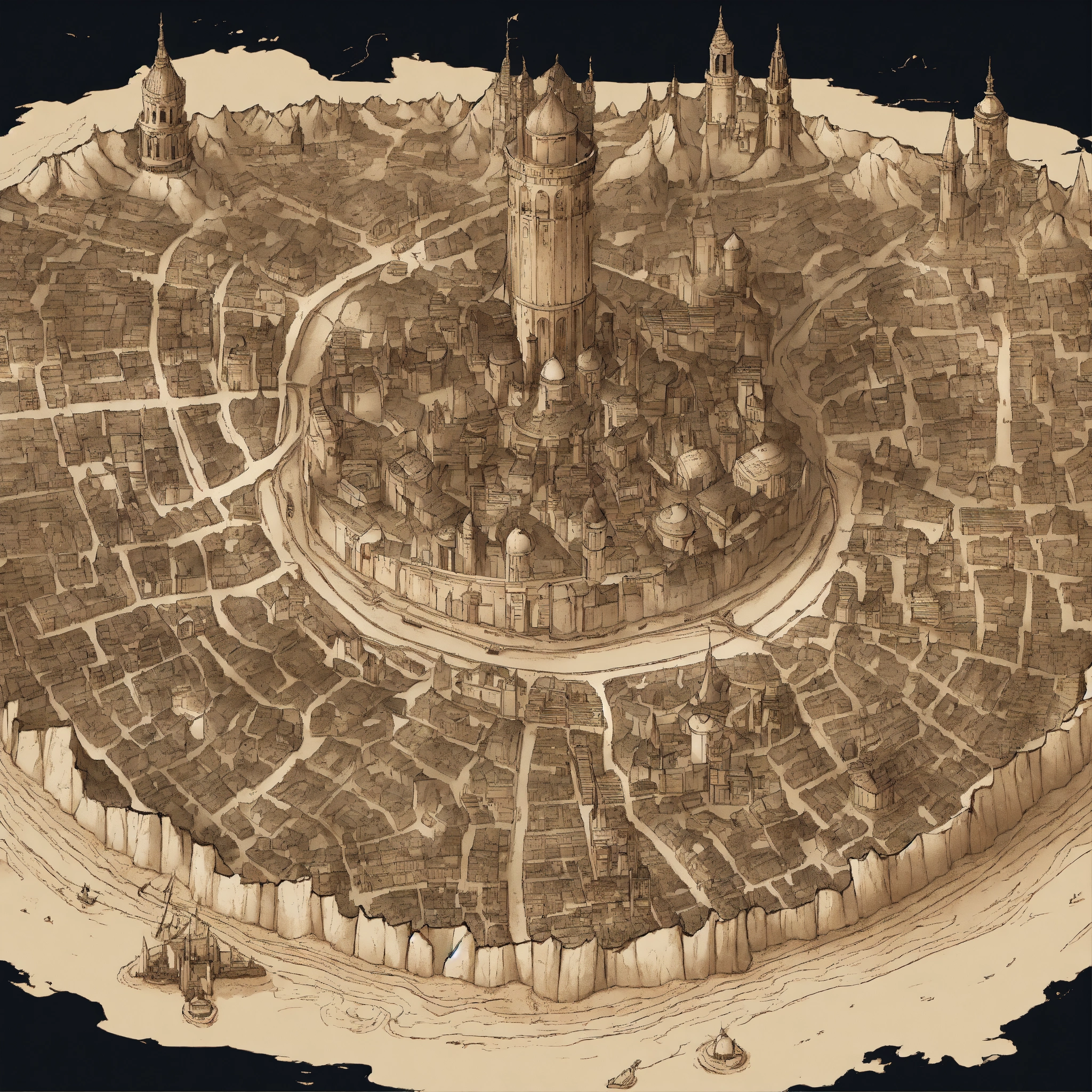 Lexica - Inked map of a massive fantasy city. top-down view