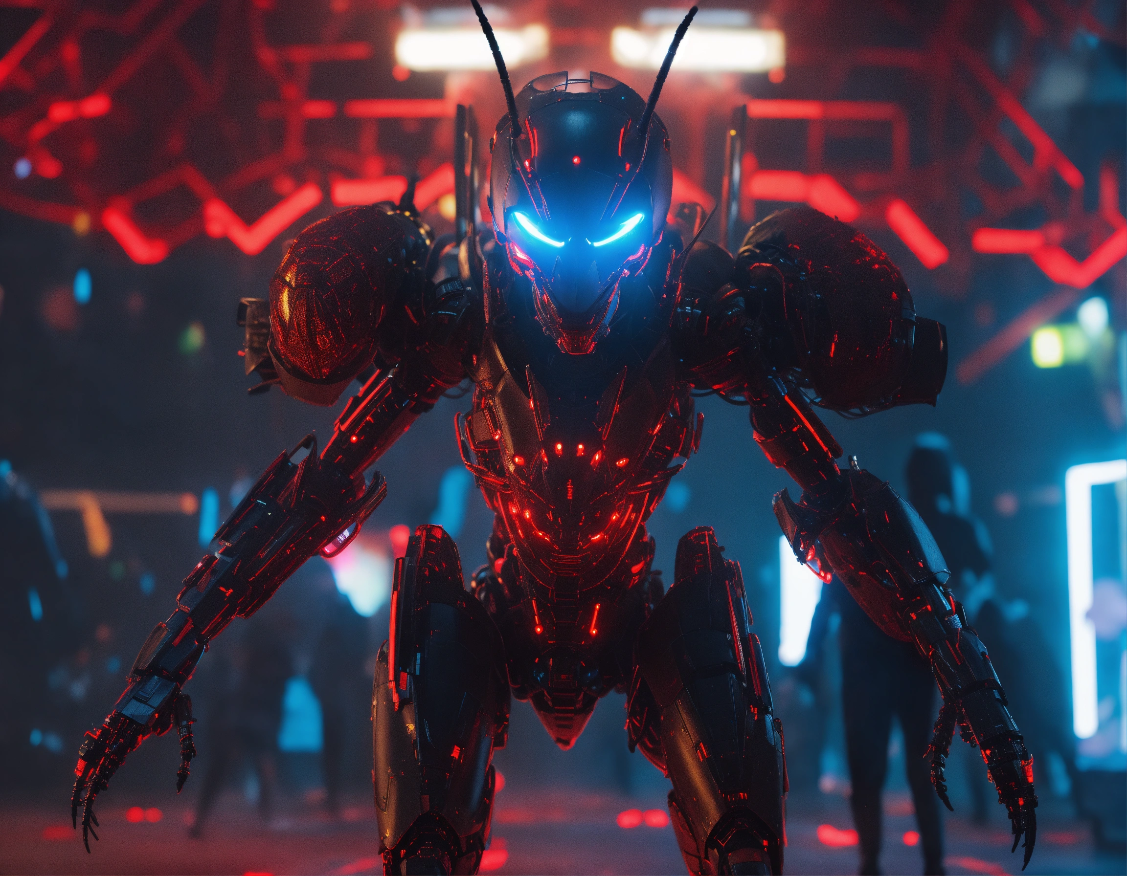 Lexica - Zoom out scene of 4 leg 2 arm standing black ant faced ...