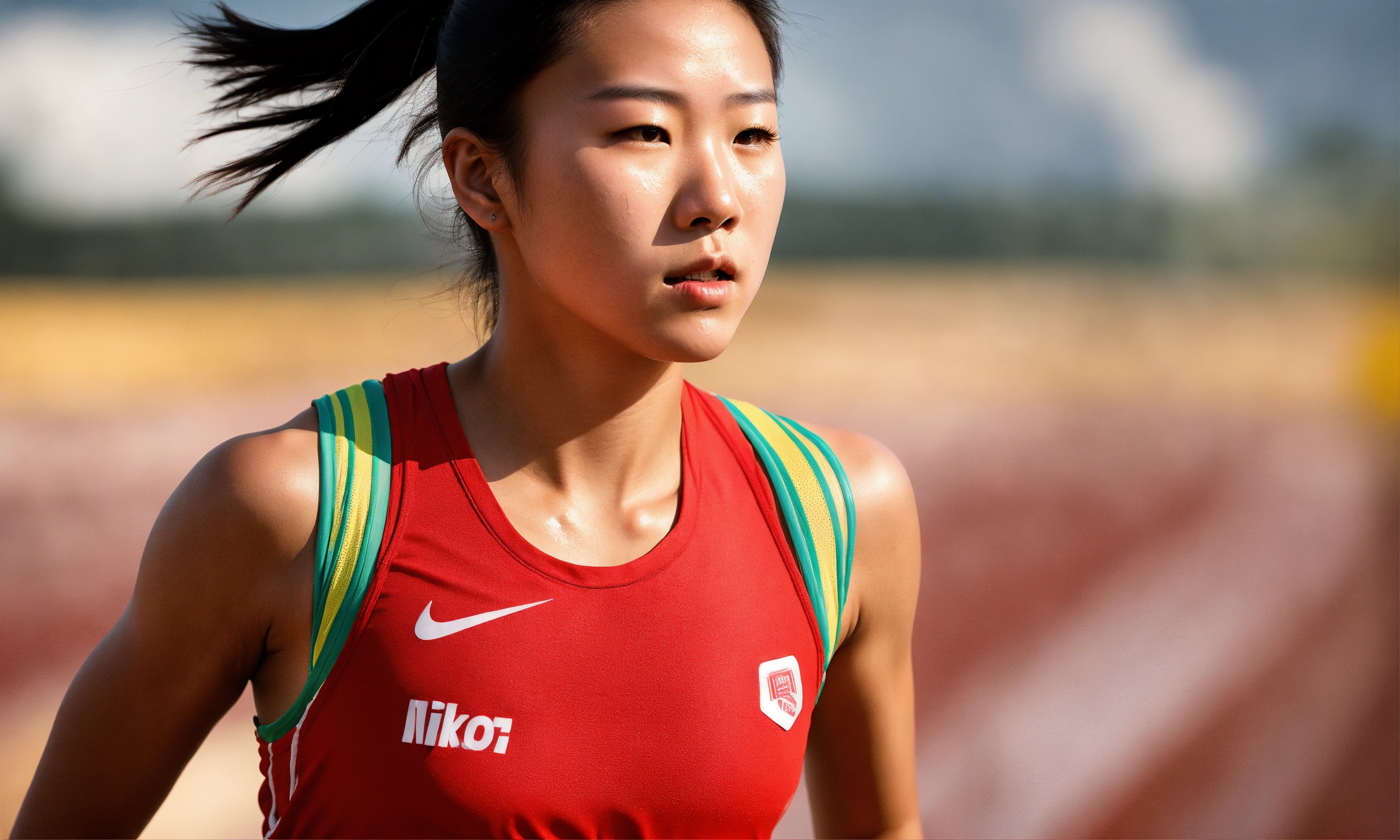 Lexica - Mid-day at a track field. Ultra close-up shot of an 18-year ...