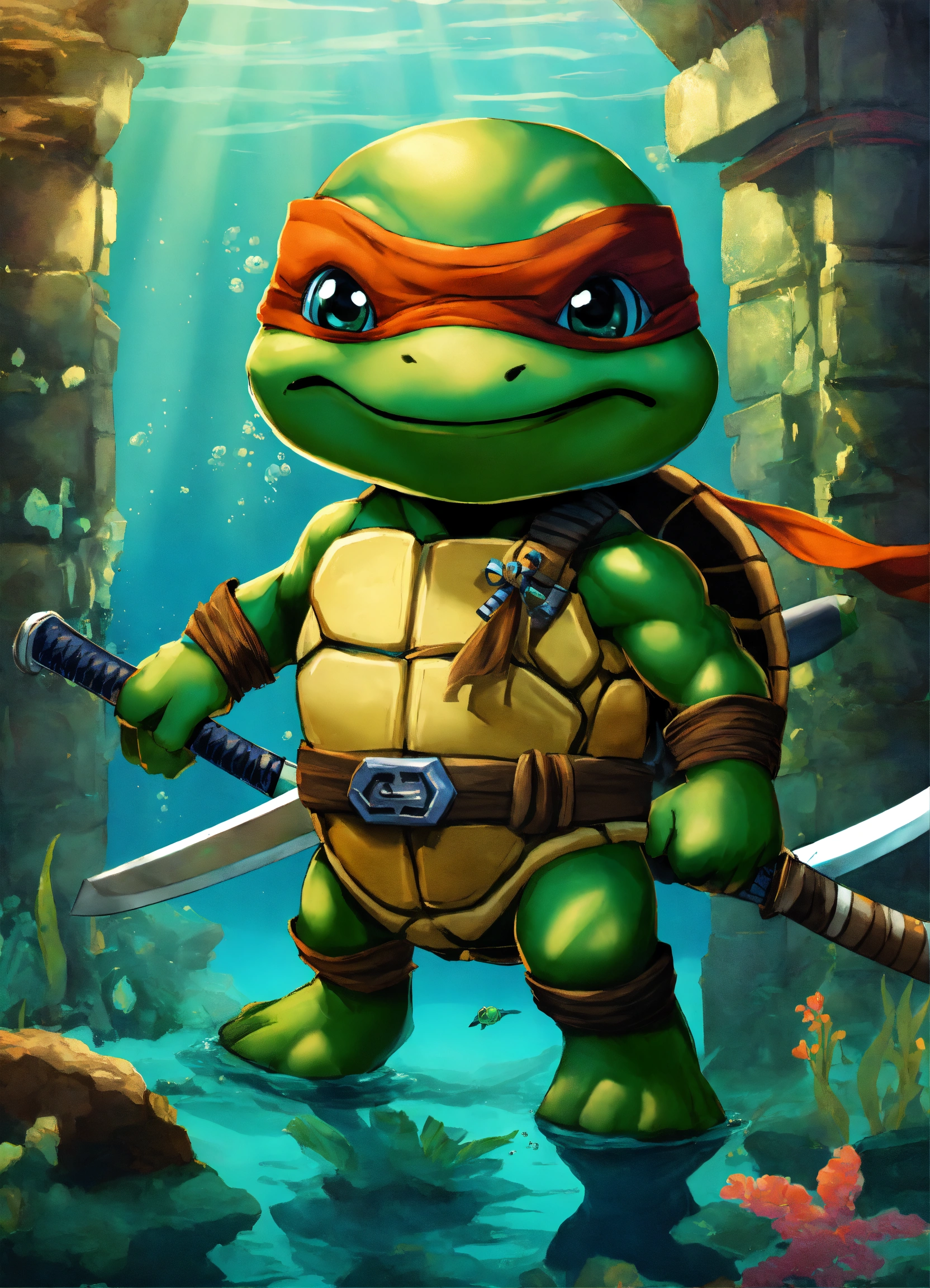 Lexica - A chibi ninja turtle with a green eye band and katana in ...