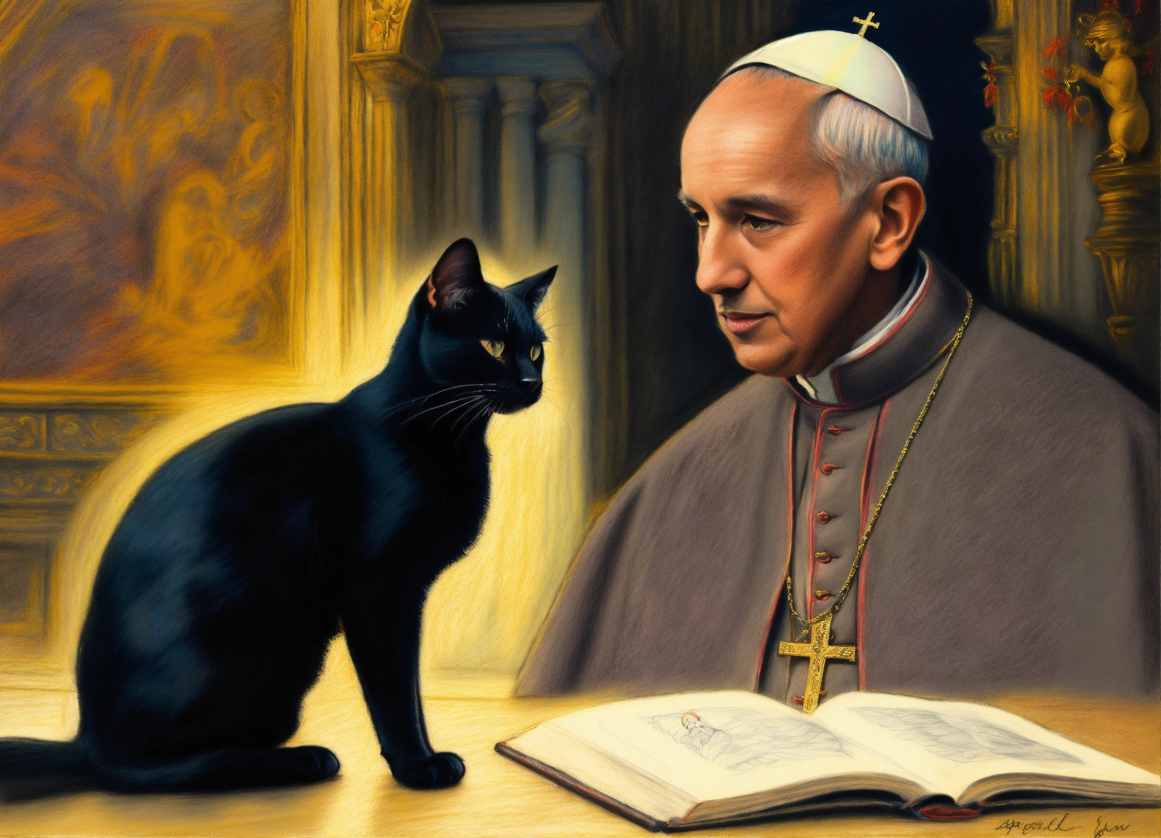 Lexica - Pastel drawing black cat, the pope and an angel