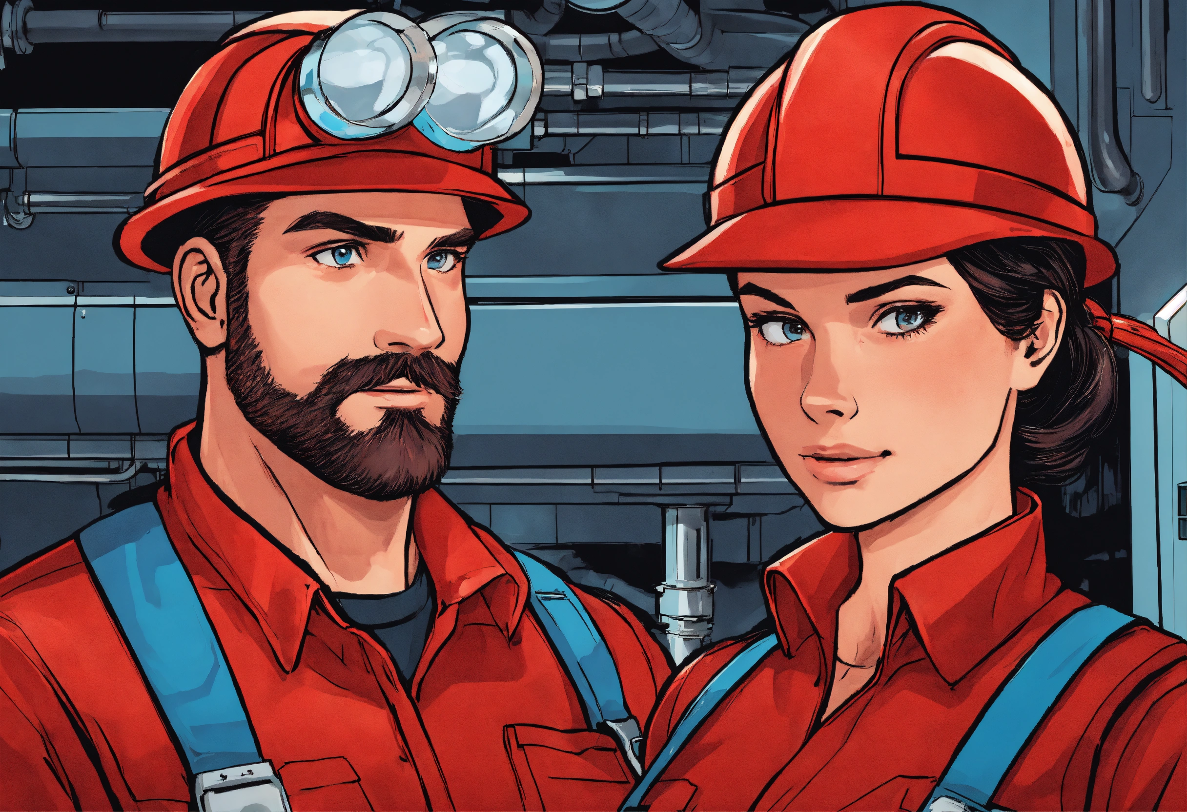 Lexica - Close up of two heroic plumber in a red outfit and red hard ...