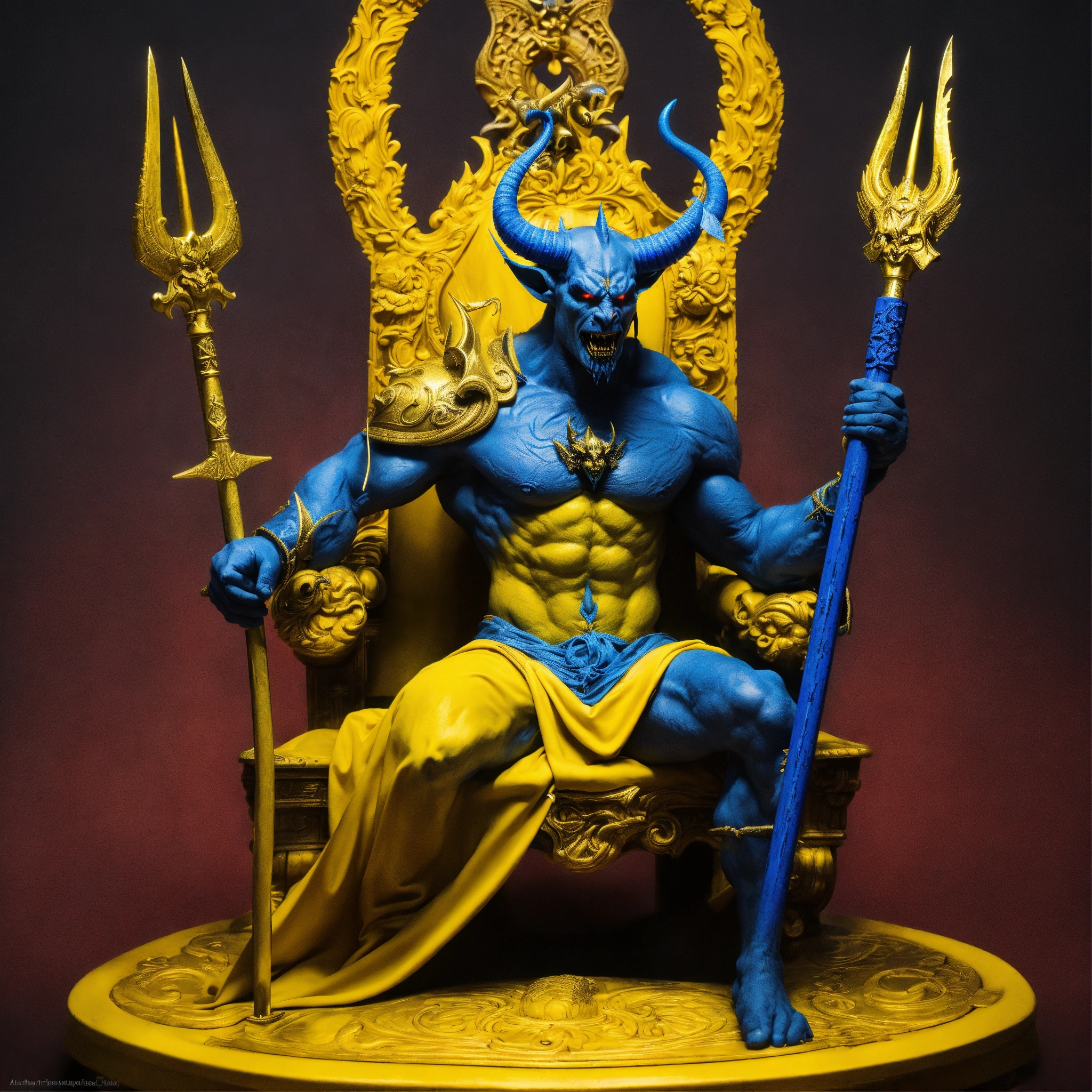 Lexica - Evil demonic yellow and blue devil, holding a trident, sitting ...