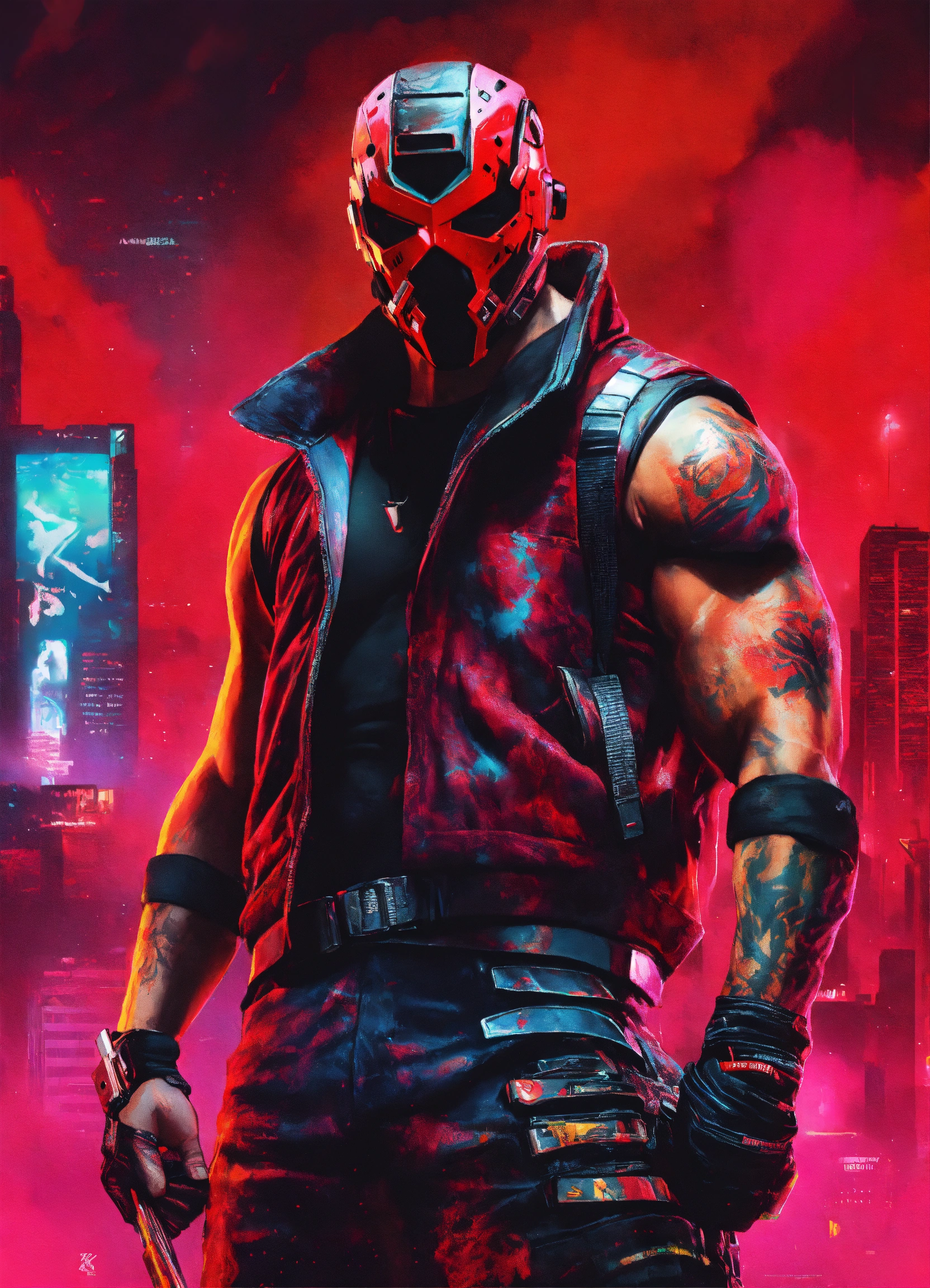 Lexica - Cyberpunk slasher with muscles in a tie-dyed red and black ...