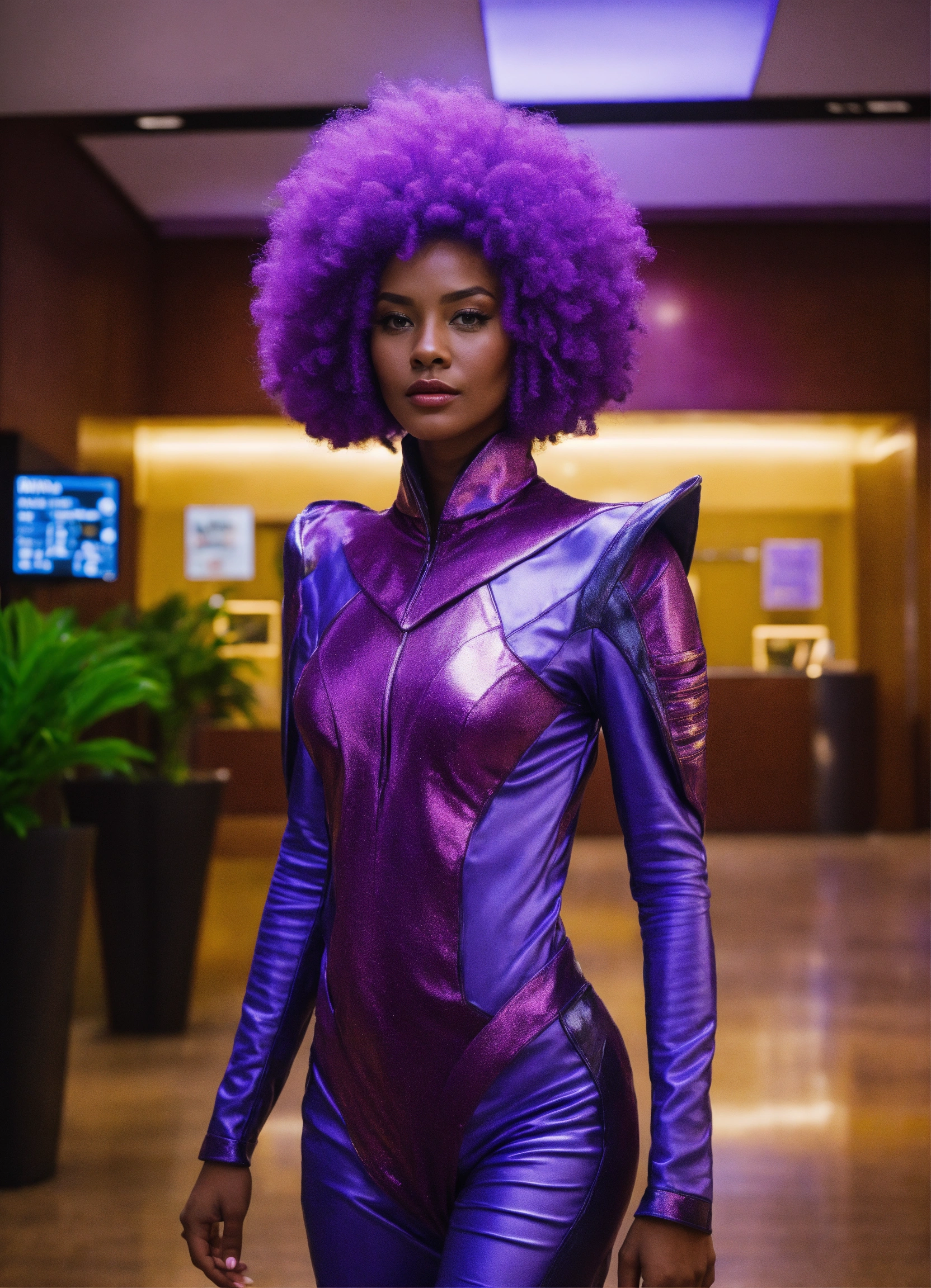 Lexica - Purple skin human looking alien female, natural hair, in fancy ...