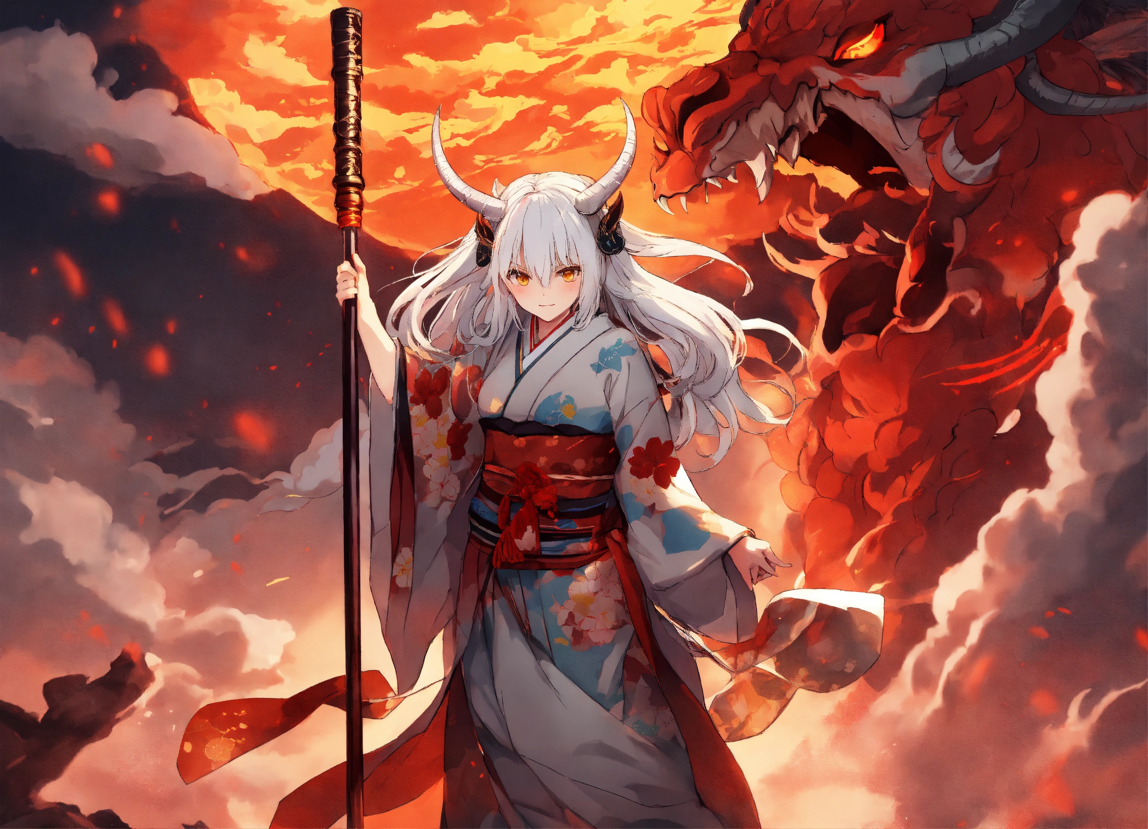 Lexica - A beautiful white hair woman Oni in hell, two red horns ...