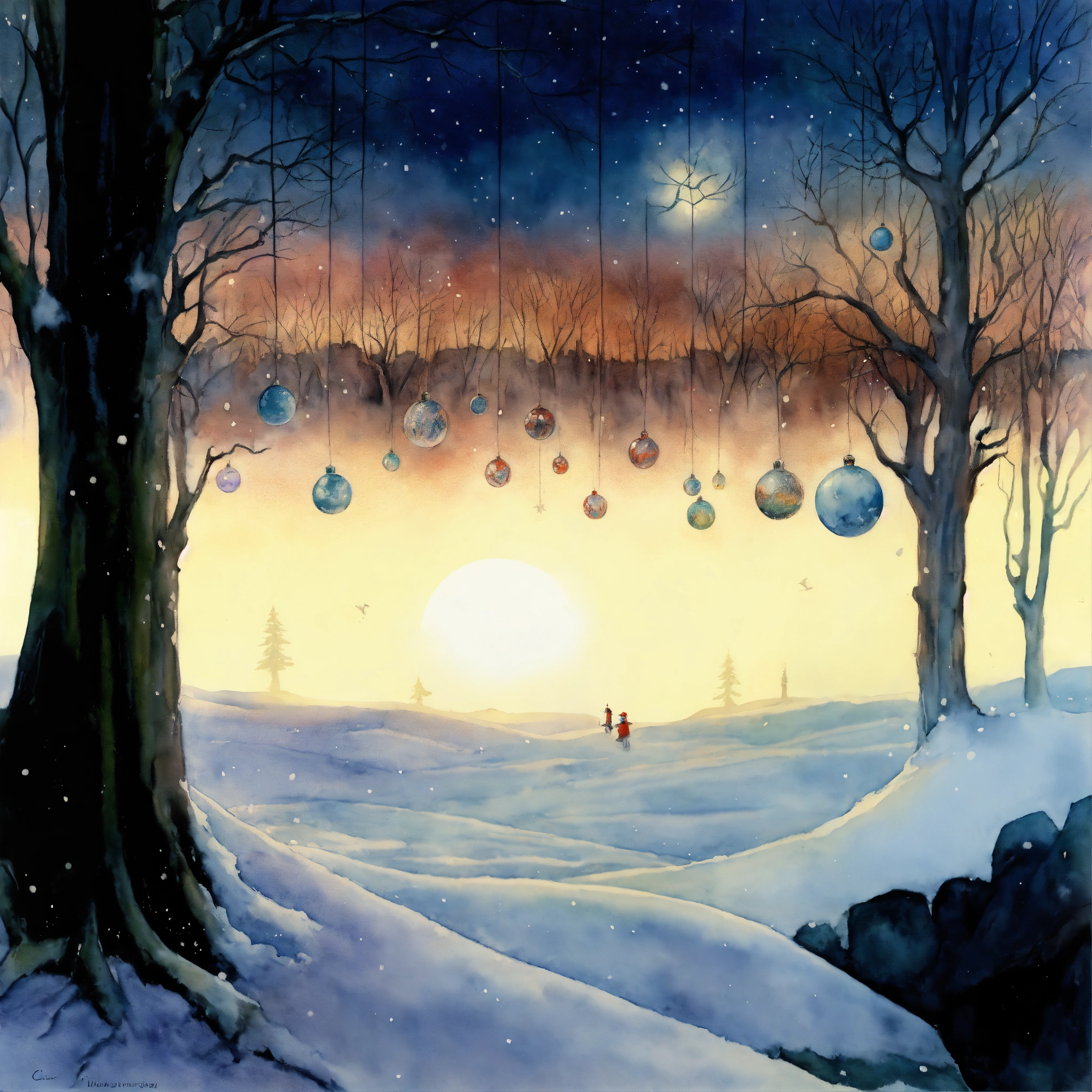 Lexica - Watercolor painting Christmas baubles dangling from the sky ...