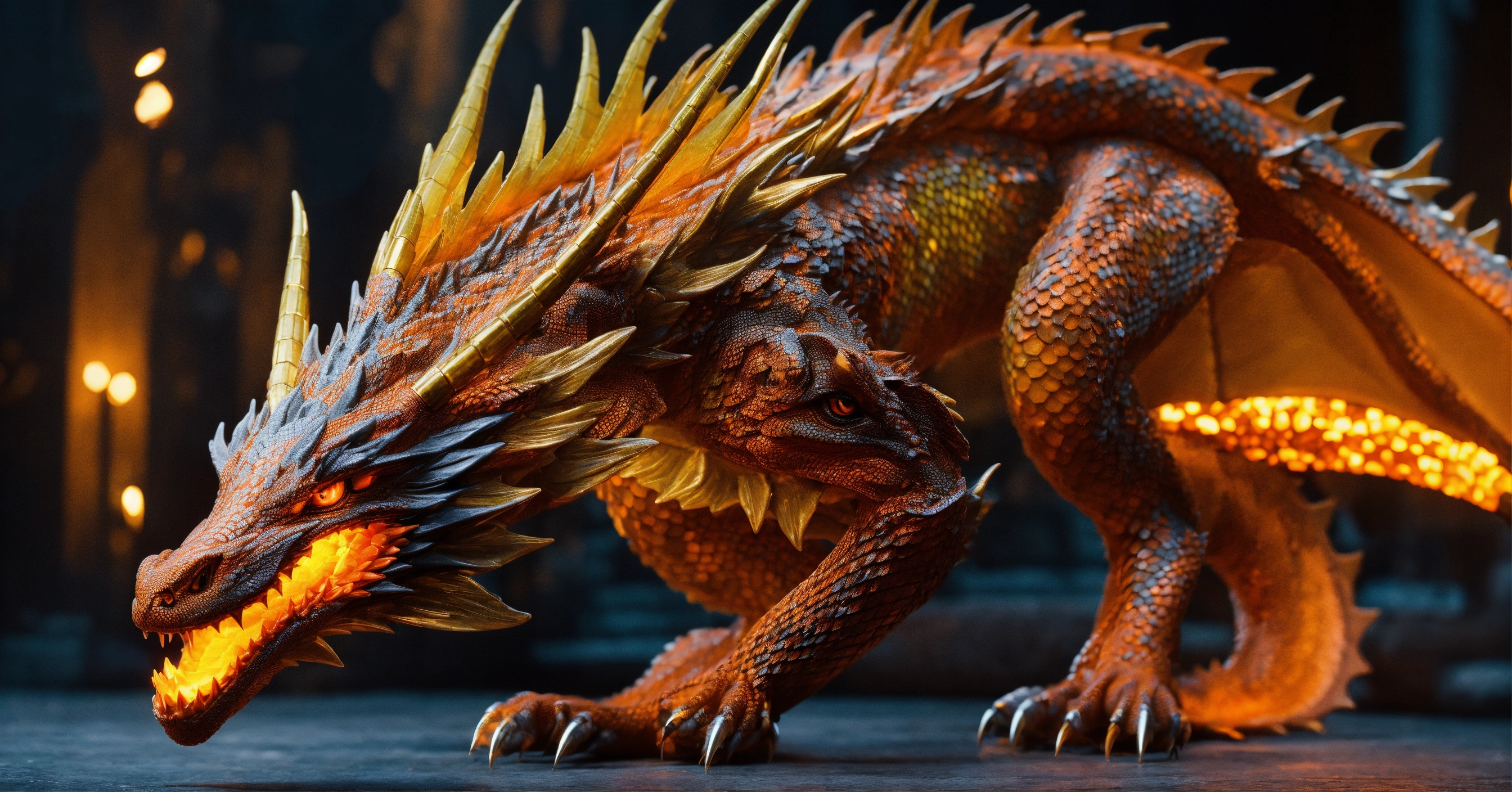 Lexica - Stunning, lifelike dragon with orange (HEX = FF5500) features.