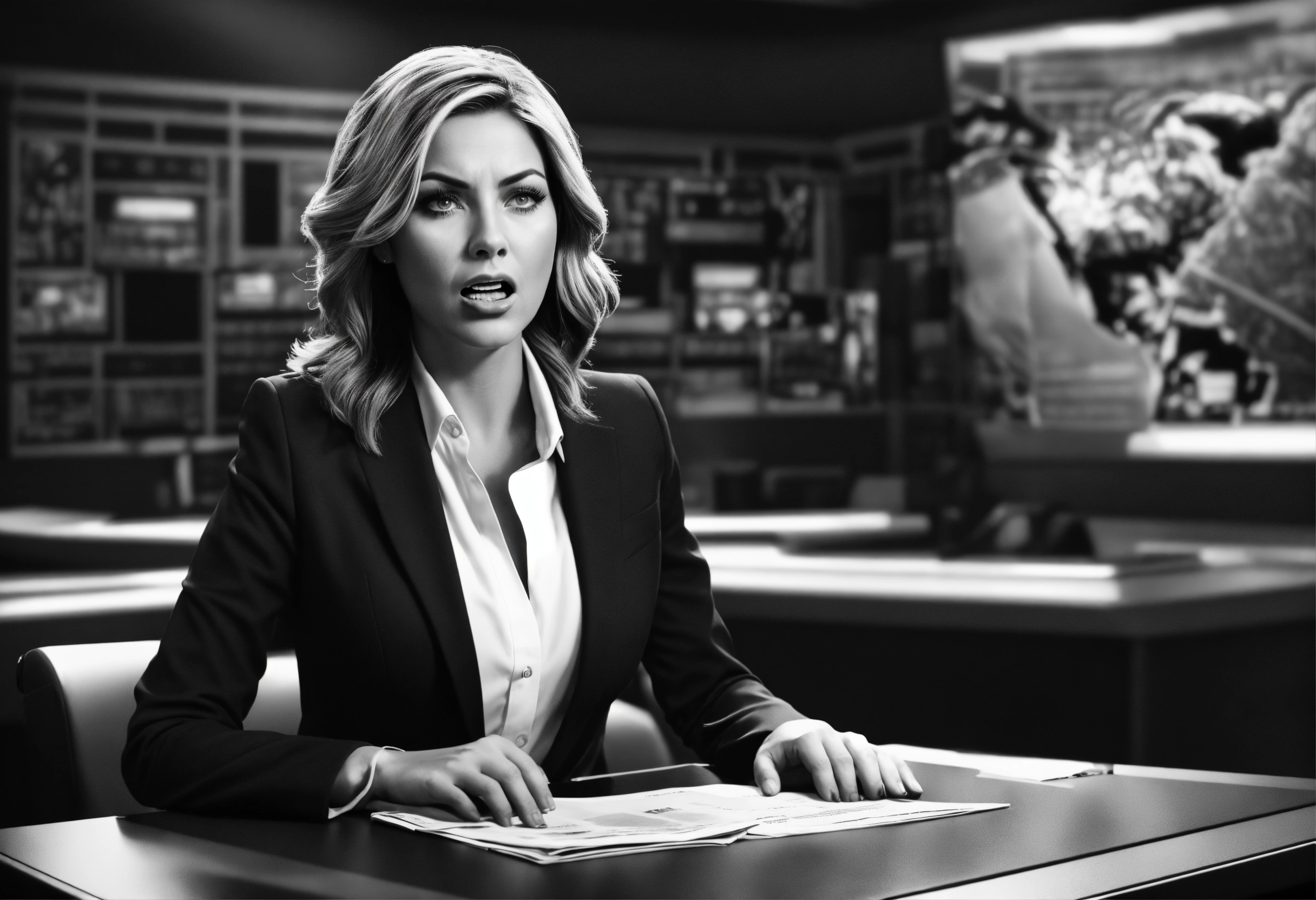 Lexica - Black and white illustration female news reporter, facing ...