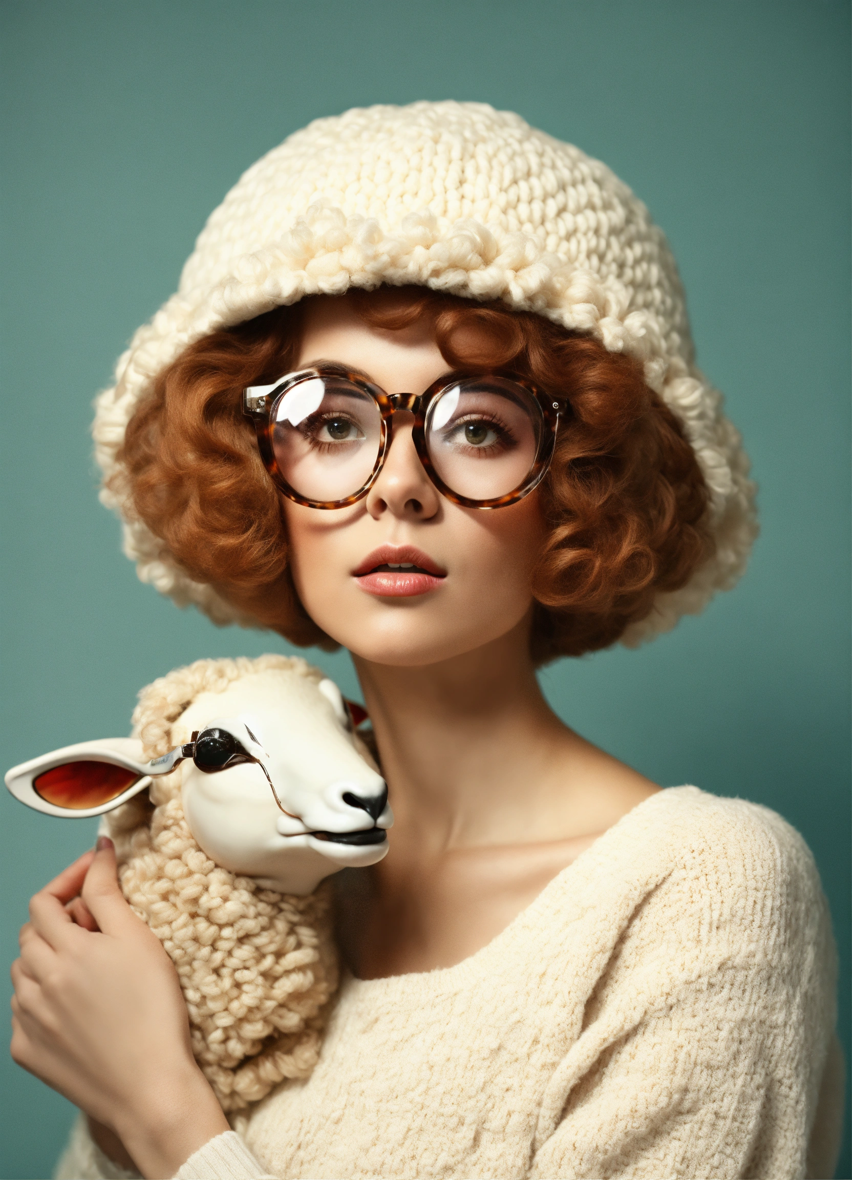 Lexica - Women with sheep's head and big glasses in white room retro ...