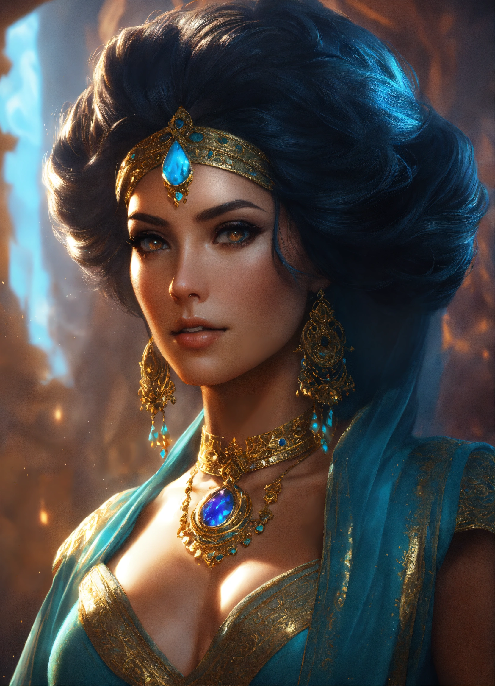 Lexica - "Princess Jasmine as magical genie", huge hair, magic, power ...