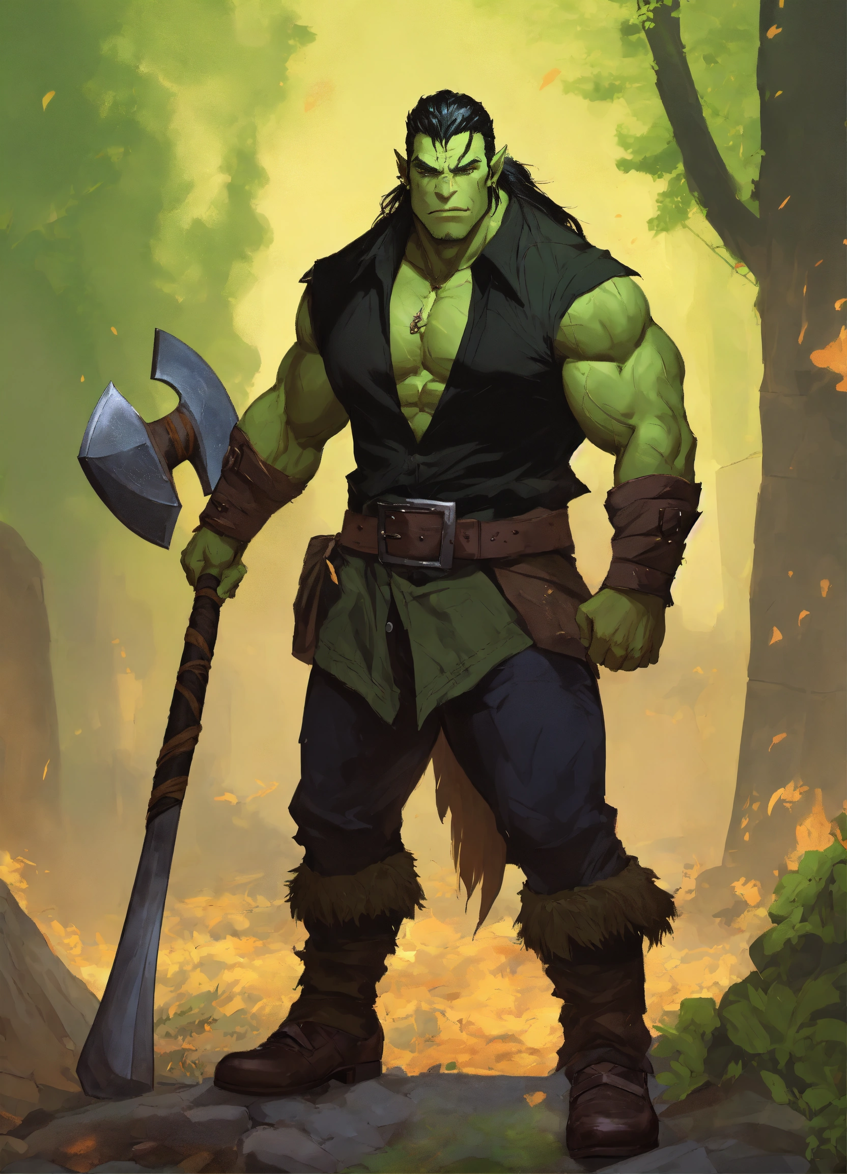 Lexica - A D&D Half-Orc with massive muscles. He is wearing a black ...