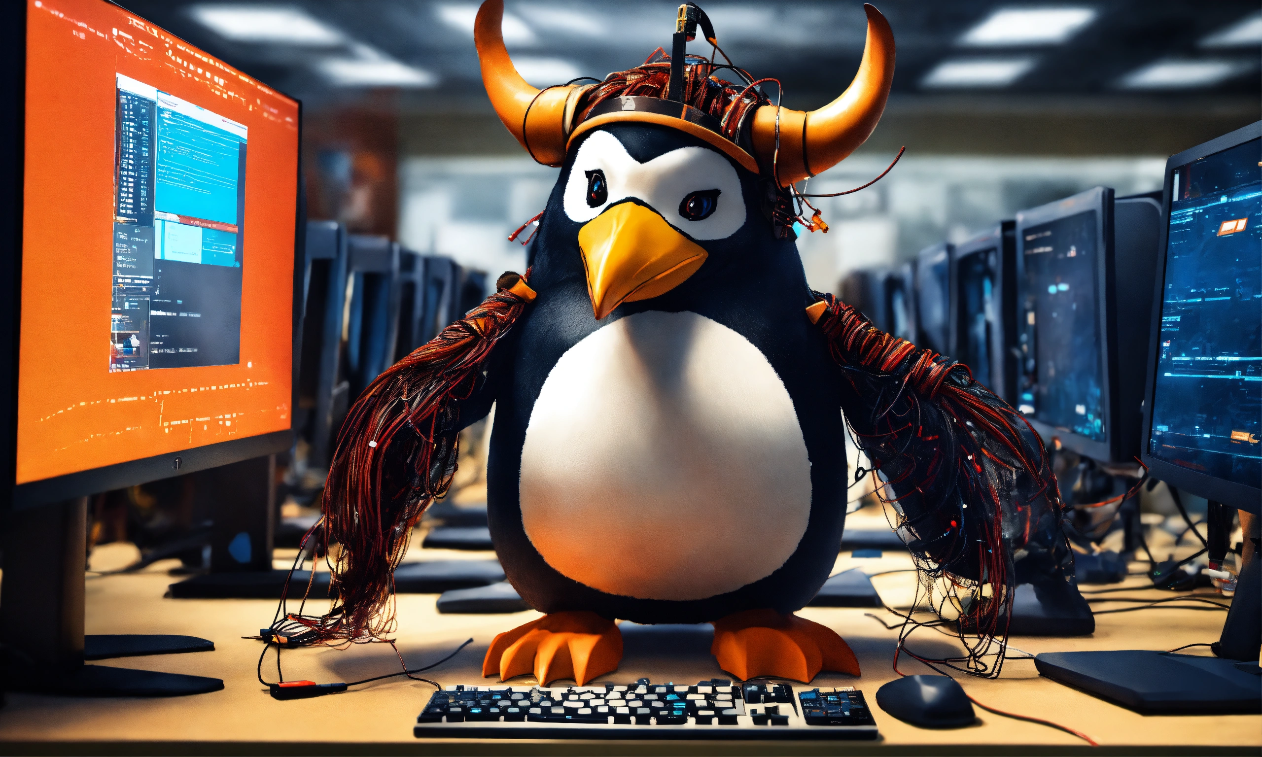 Lexica - A penguin dressed up as a minotaur, in a computer lab with ...