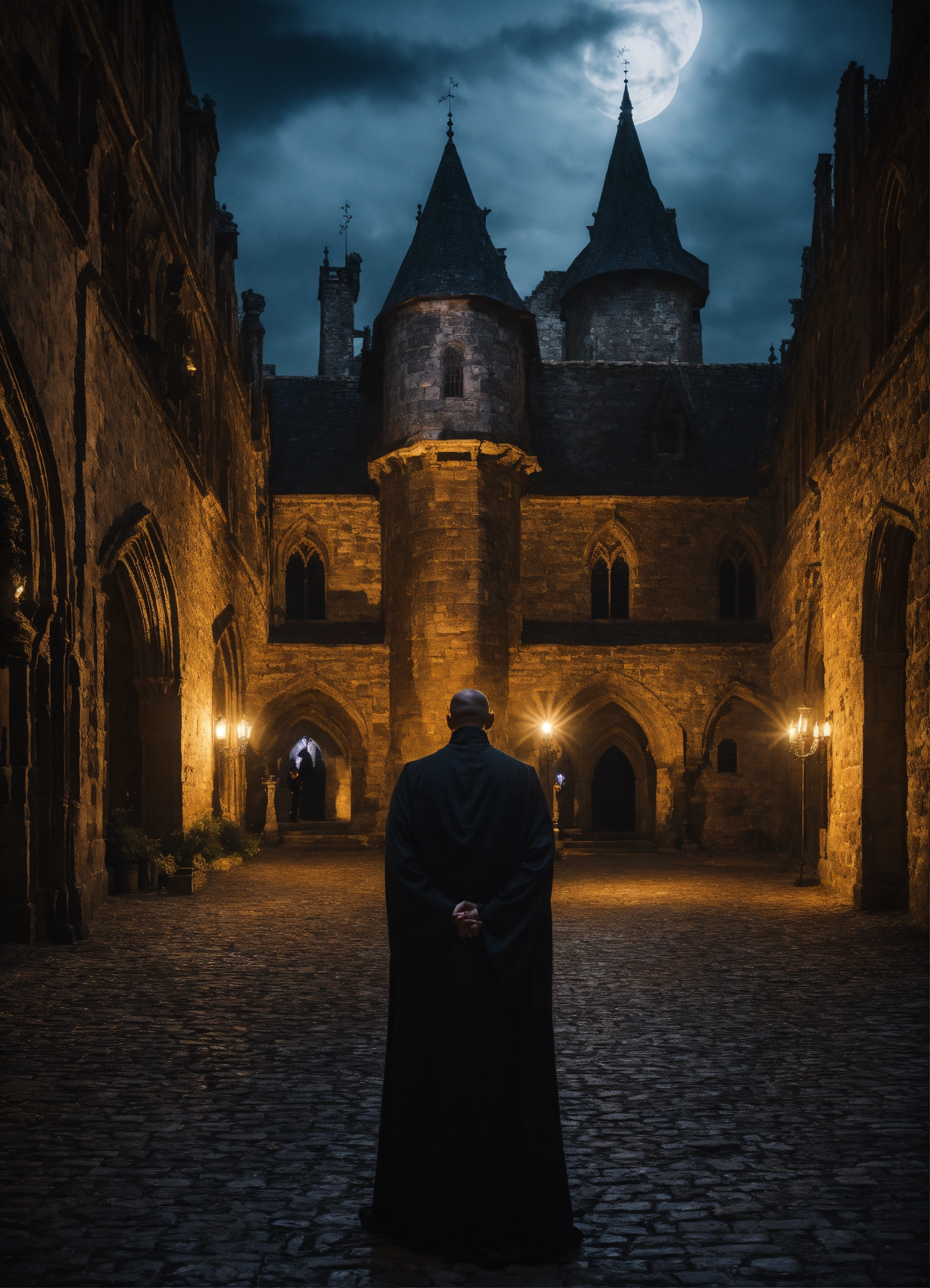 Lexica - Spooky gothic castle courtyard, night, ghostly monk standing