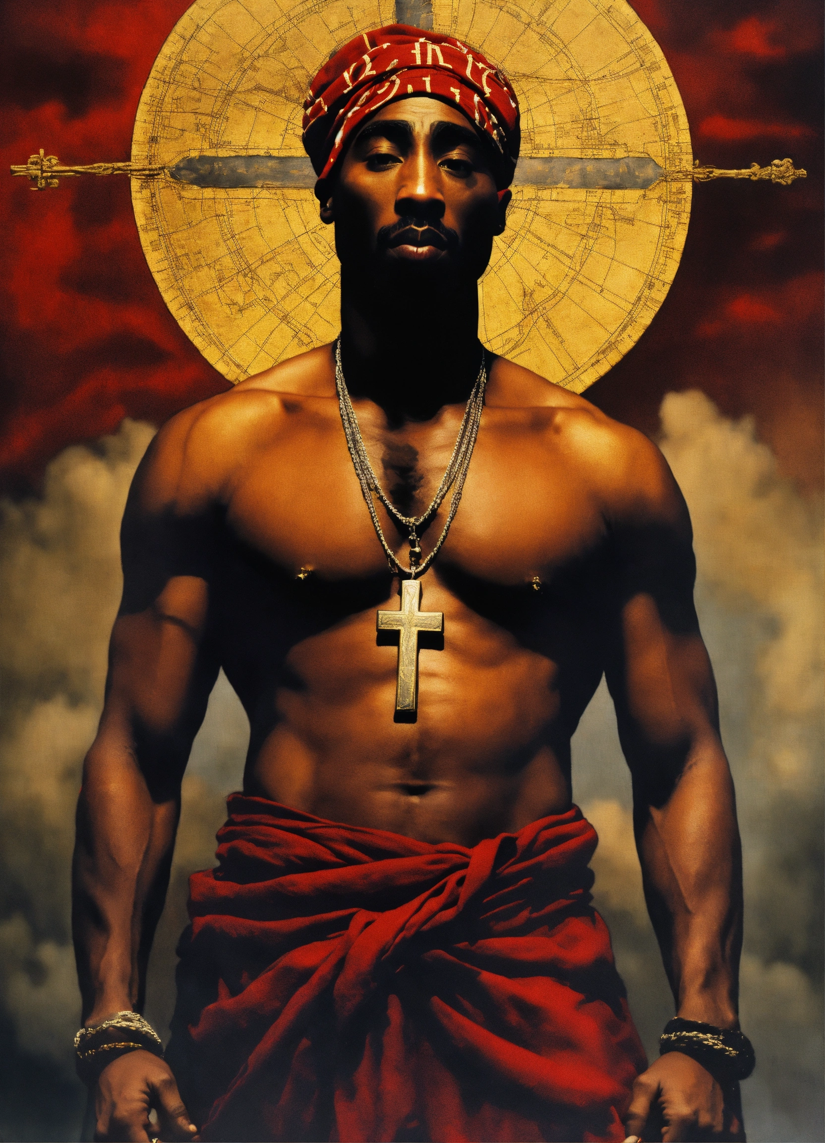 Lexica - In a tapestry of Renaissance hue, Tupac stands in a portrayal ...