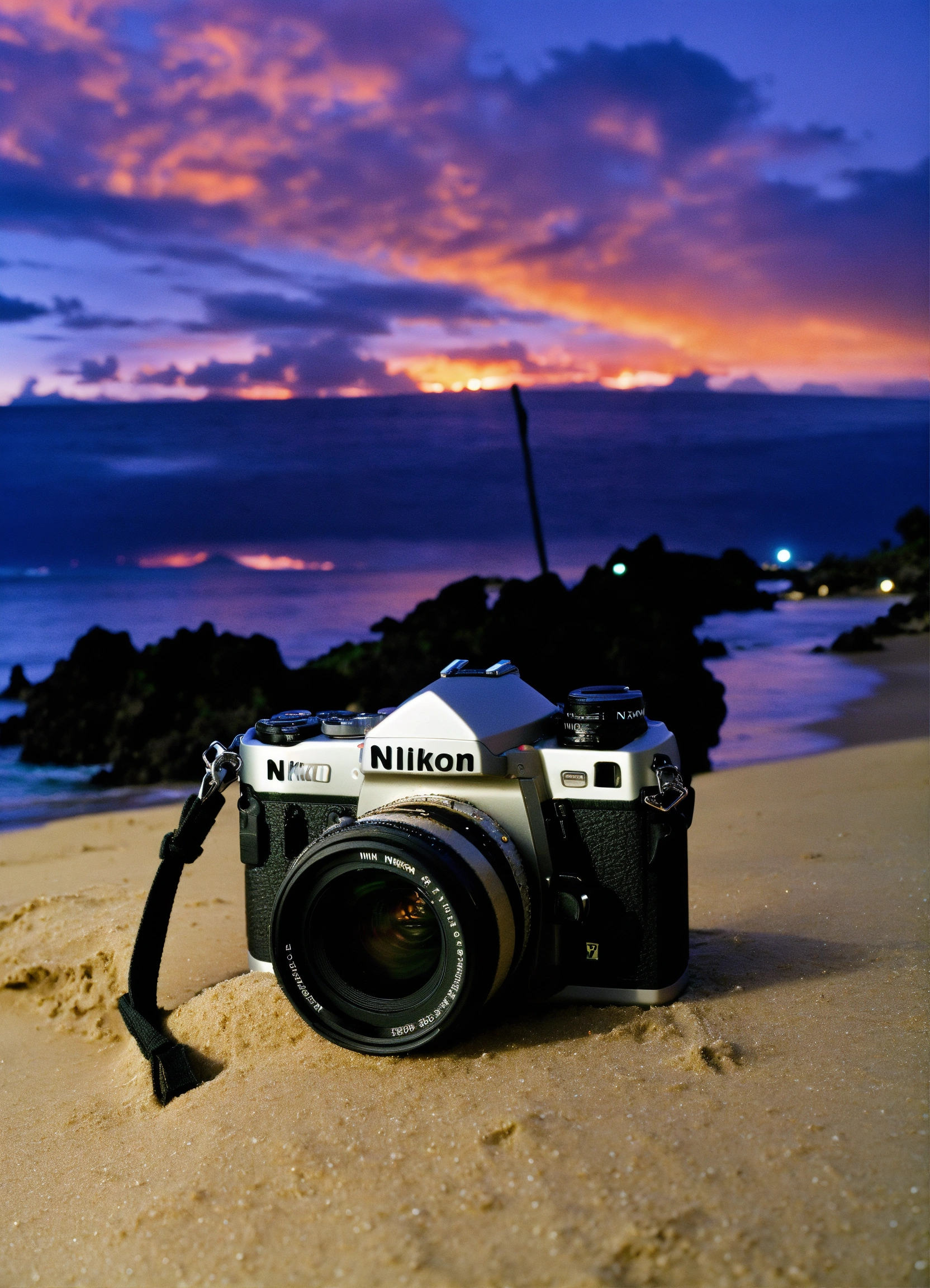 Lexica - Nikon N90 Camera, Maui sunset background, beach, camera 3/4 view